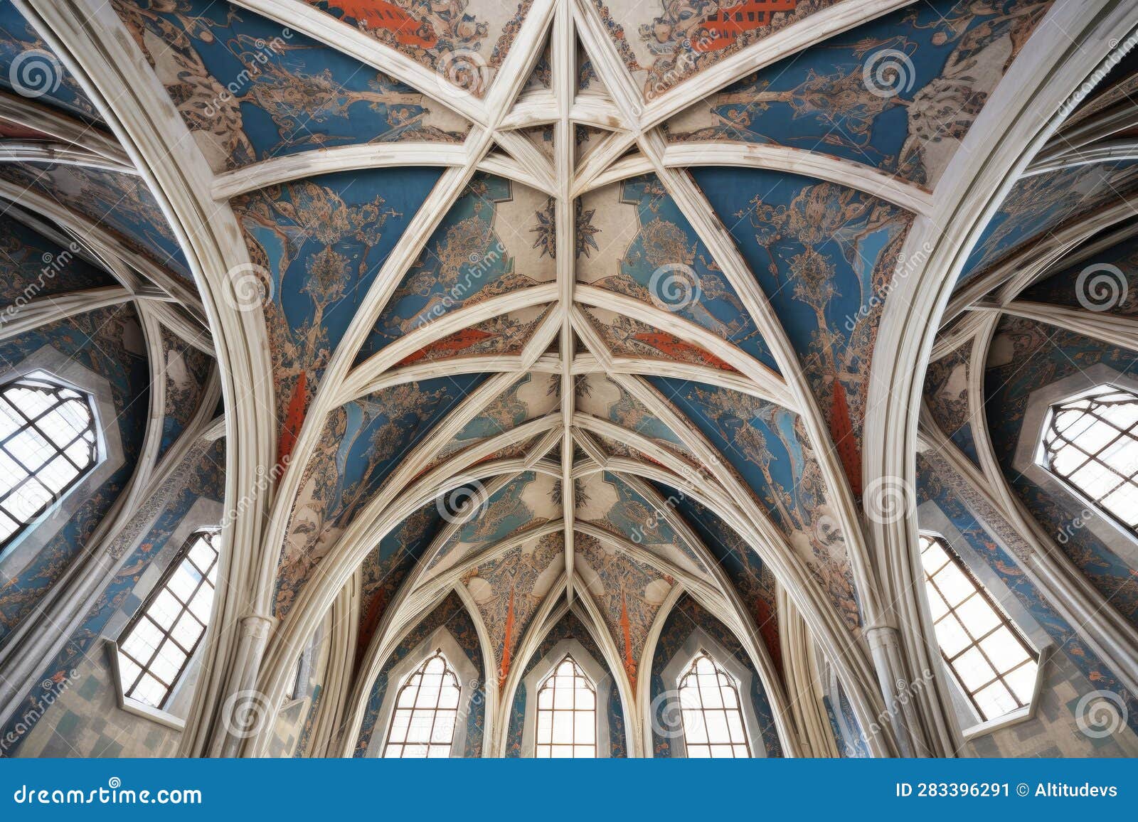 Symmetrical View of Vaulted Ceiling with Stained Glass Stock ...