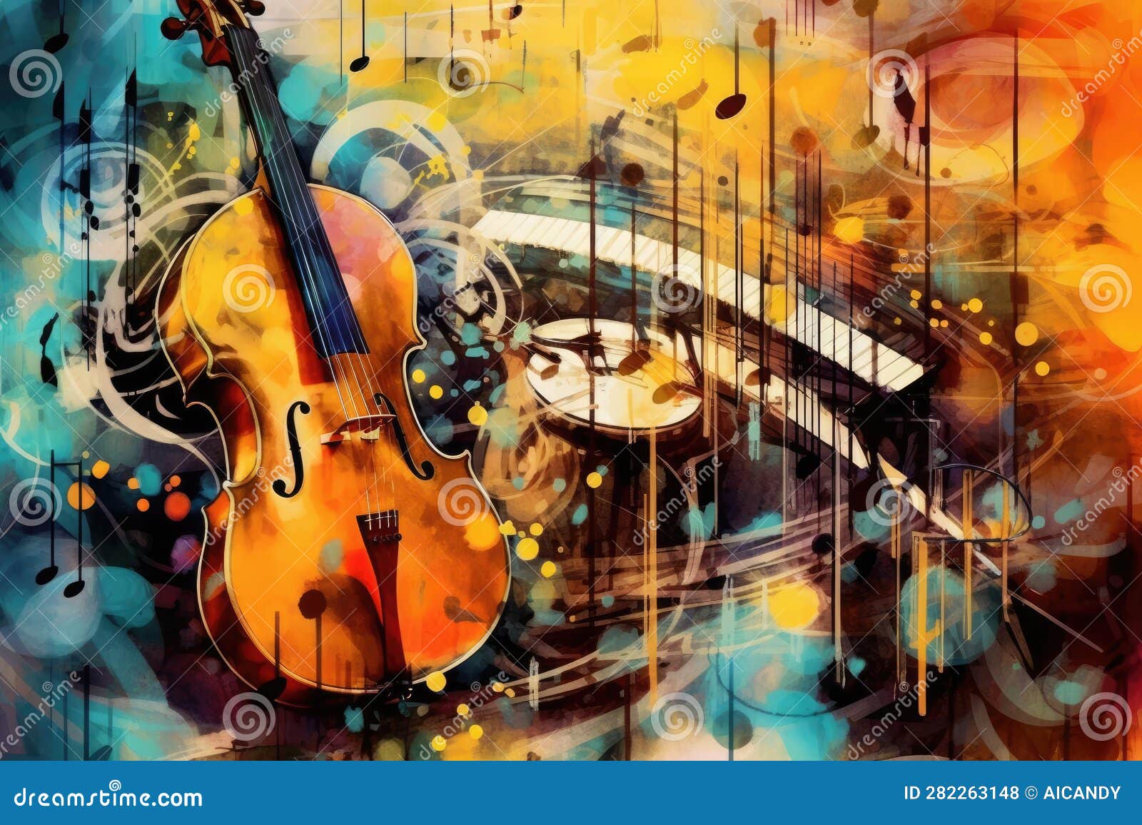 Symphony of Musical Notes and Instruments on an Abstract Background ...