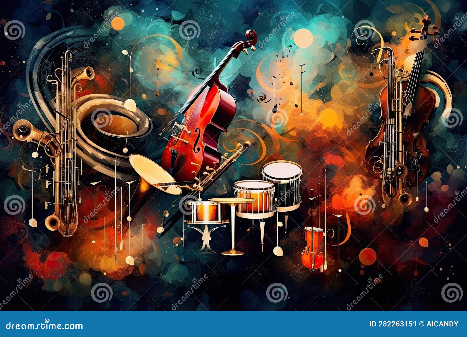 Symphony of Musical Notes and Instruments on an Abstract Background ...