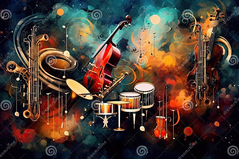 Symphony of Musical Notes and Instruments on an Abstract Background ...