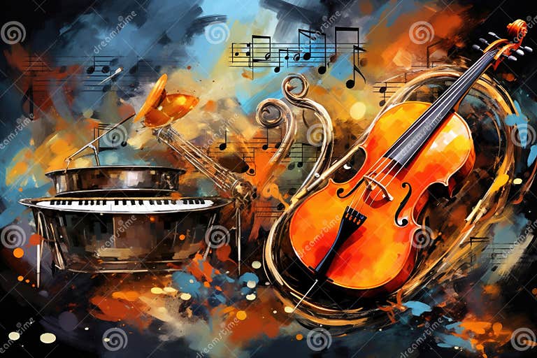 Symphony of Musical Notes and Instruments on an Abstract Background ...