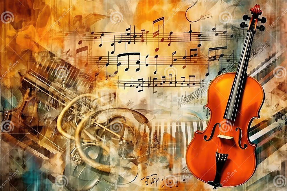 Symphony of Musical Notes and Instruments on an Abstract Background ...