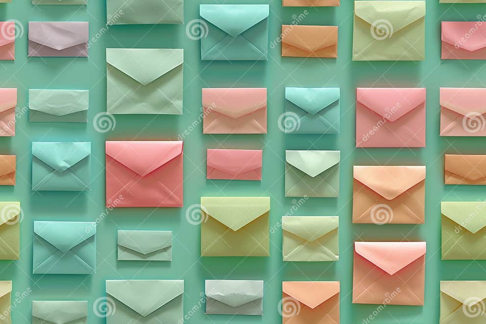 A Symphony of Pastel Envelopes in a Serene Mint Setting Stock Image ...