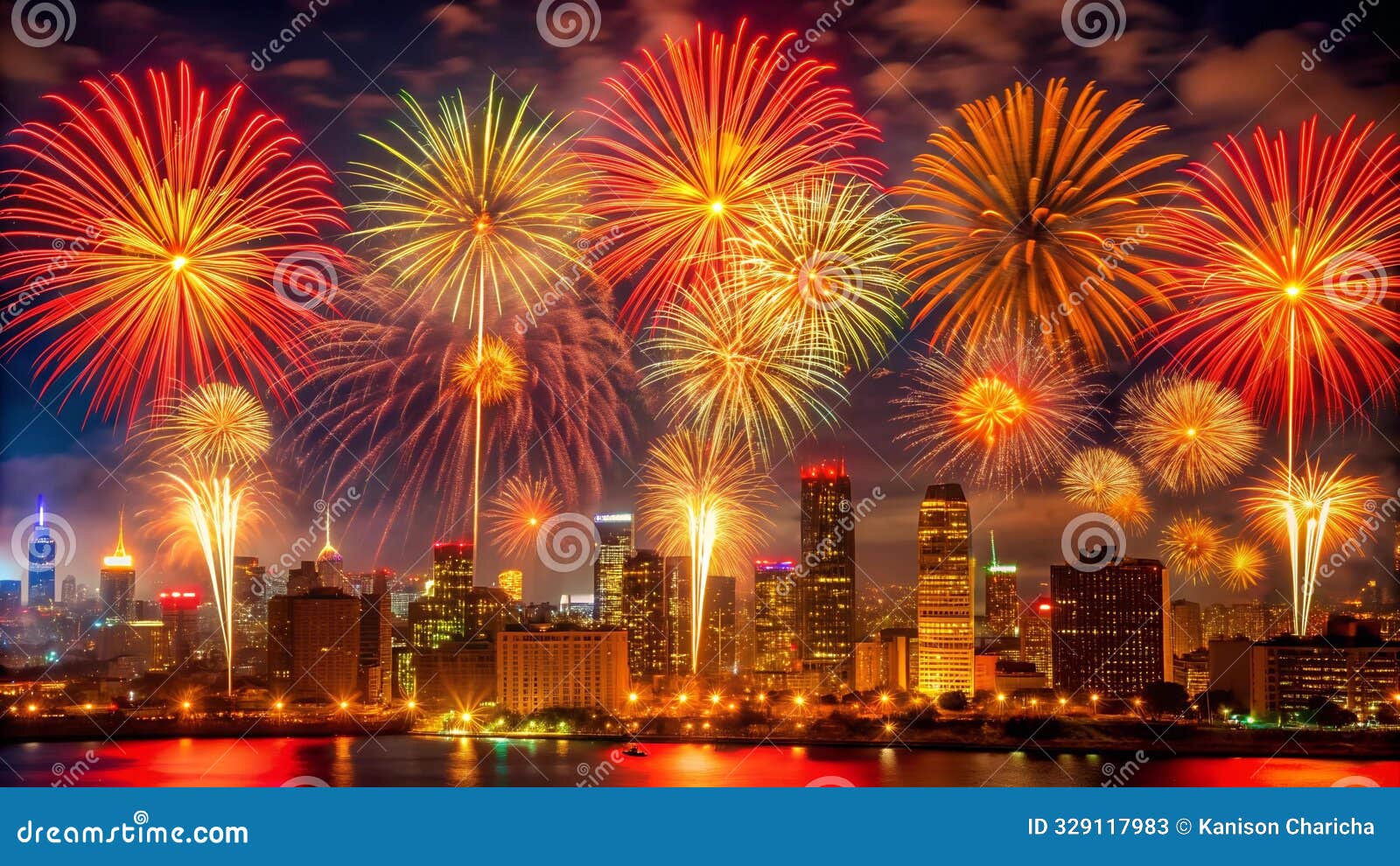 A Symphony of Stars: Red and Gold Fireworks Erupting Over a Cityscape ...