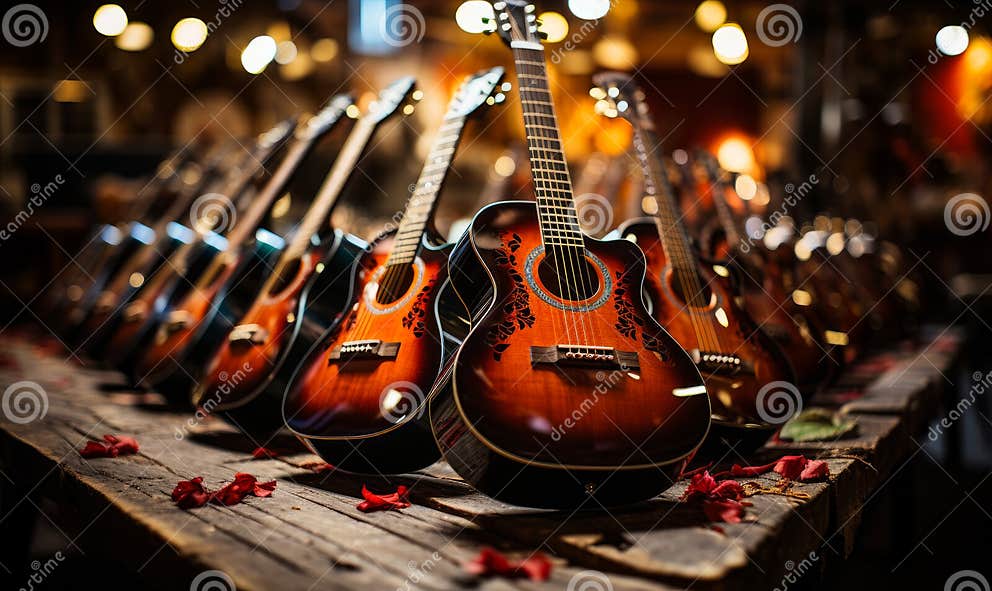 A Symphony of Strings: a Row of Guitars Harmoniously Displayed on a ...