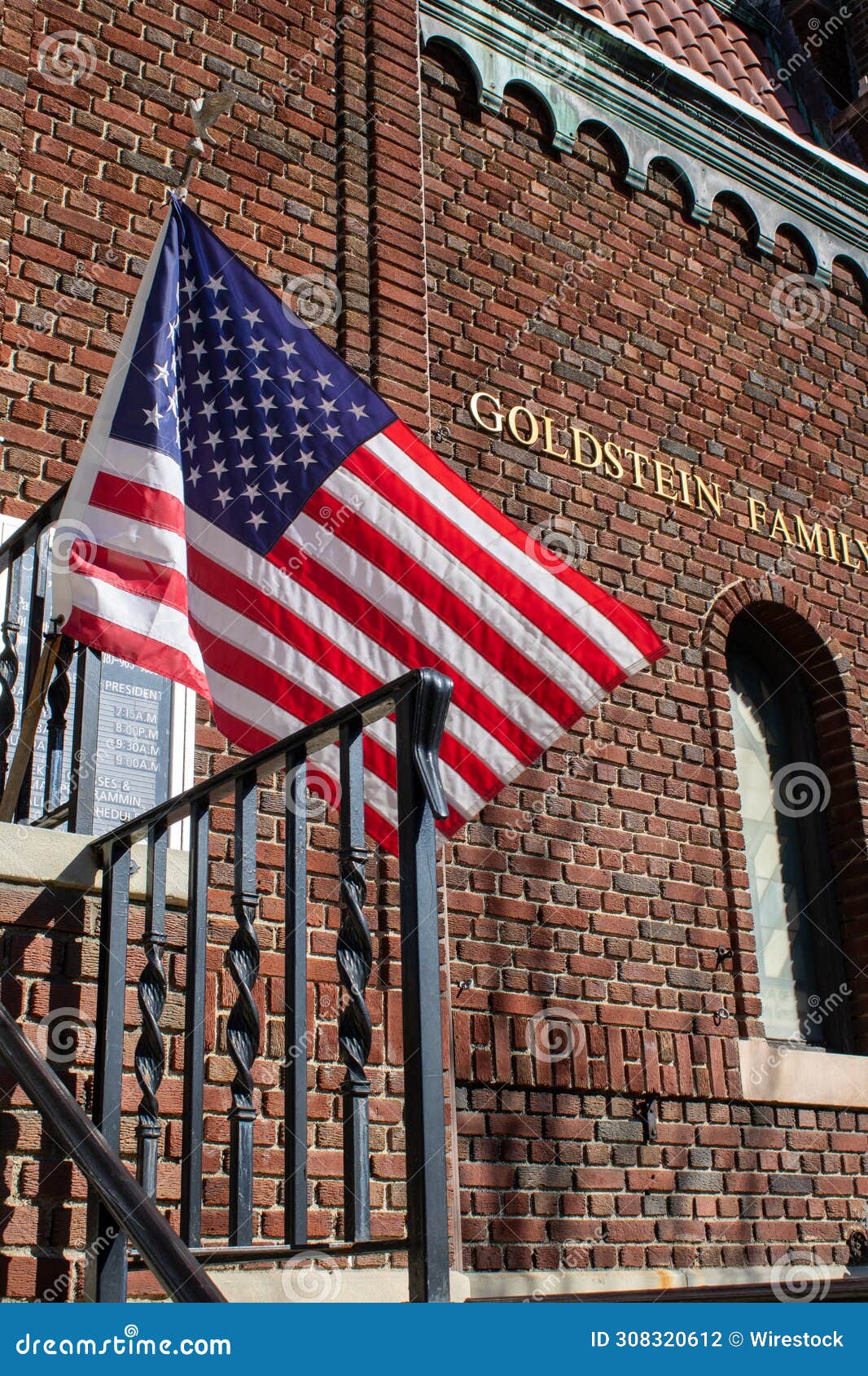 Synagogue with an American Flag at Daylight in Front of the Entrance ...