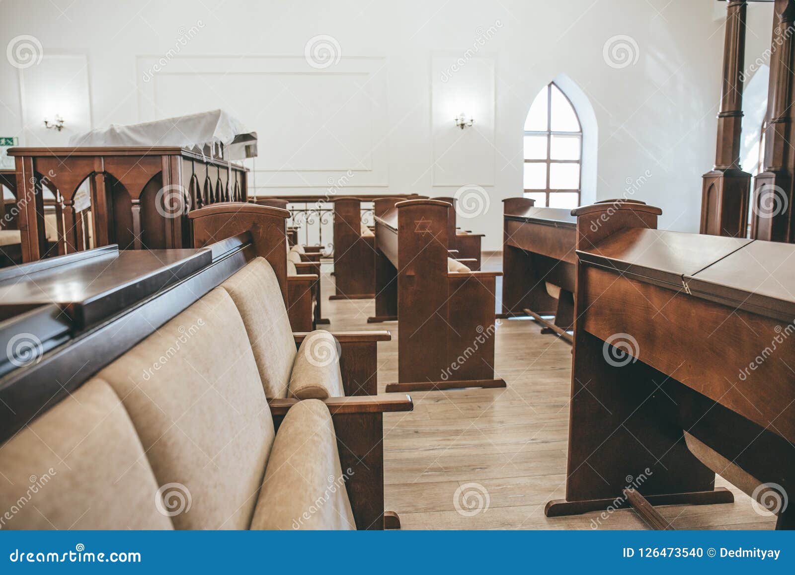 Synagogue Inside Interior with Rows of Benches for Prayers Stock Photo ...