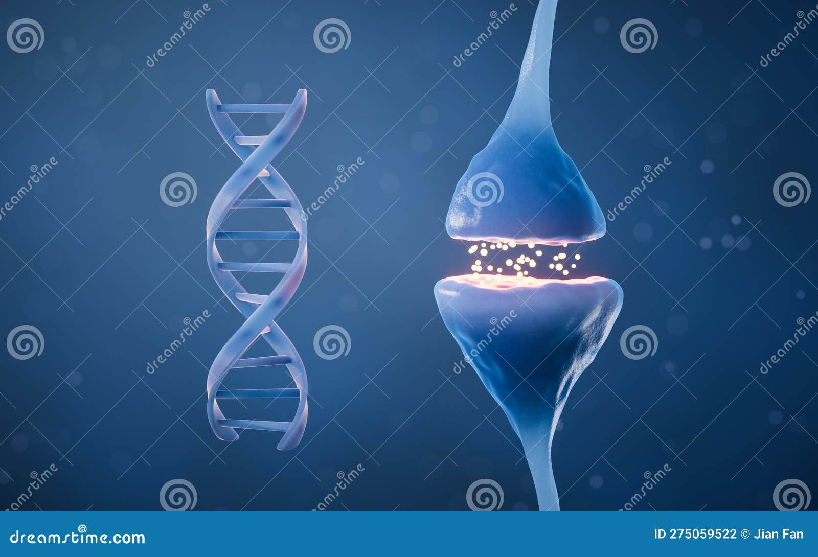 Synapse of Neuron Cell and DNA, 3d Rendering Stock Illustration ...