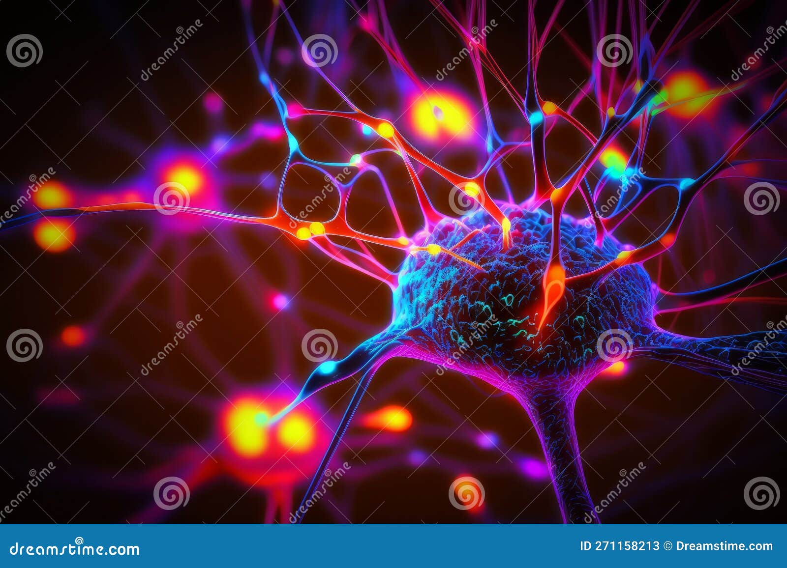Synaptic Connections In Neon Light Close Up View On Brain Neural Synapse Network For