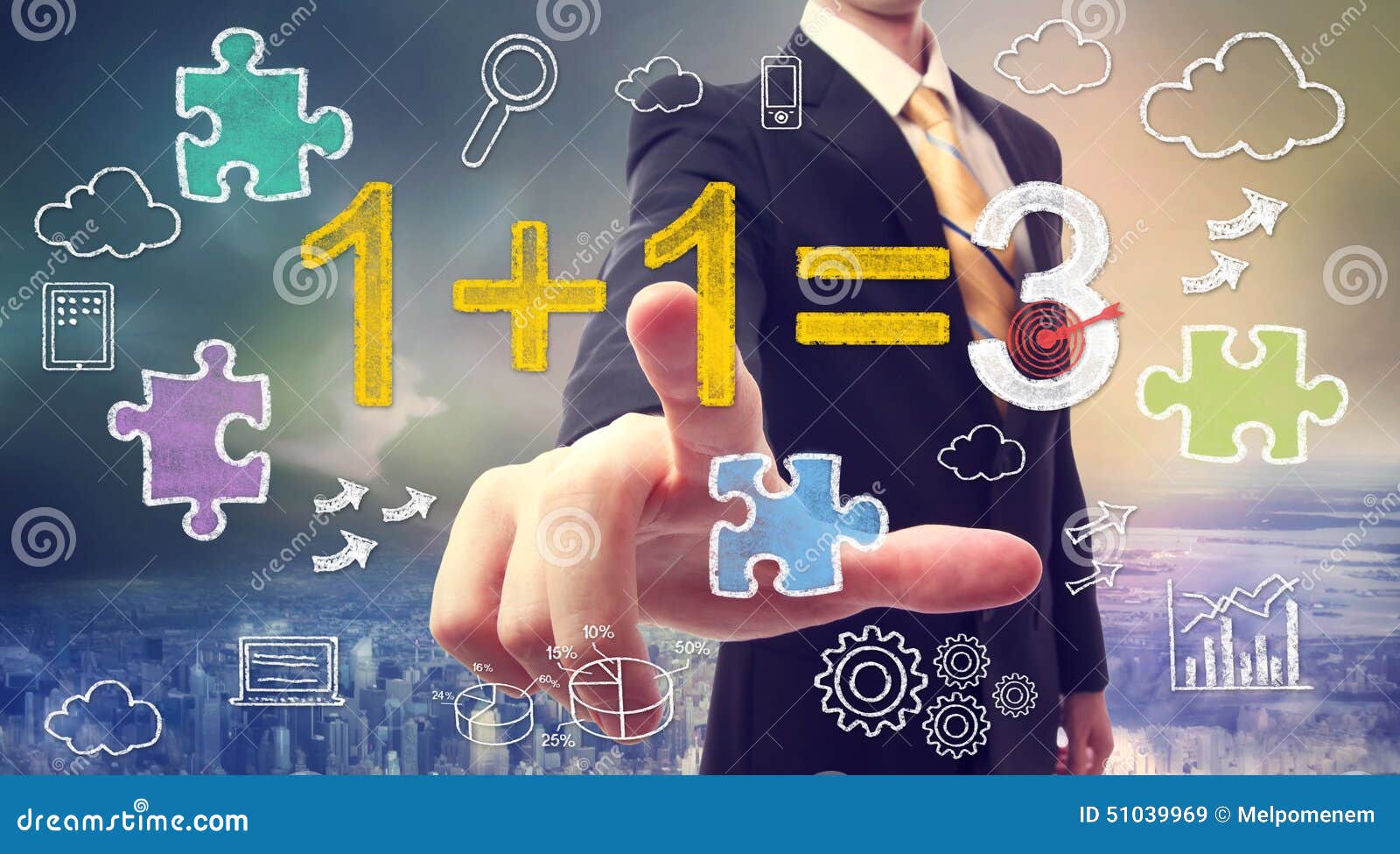 Synergy concept 1+1=3 stock image. Image of equals, cartoon - 51039969