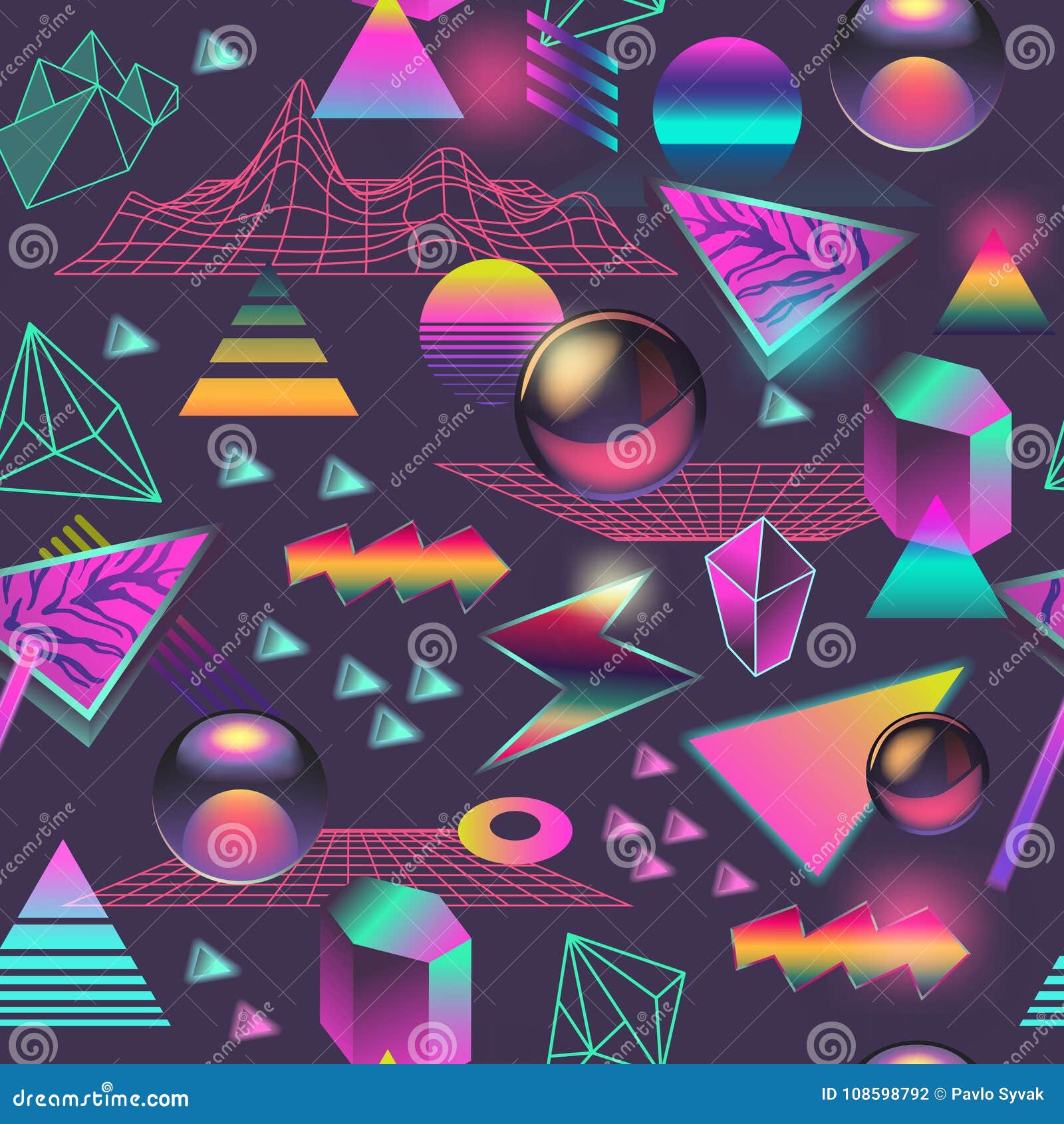 Synth Wave Seamless Pattern. Futuristic Background with Neon Glowing ...