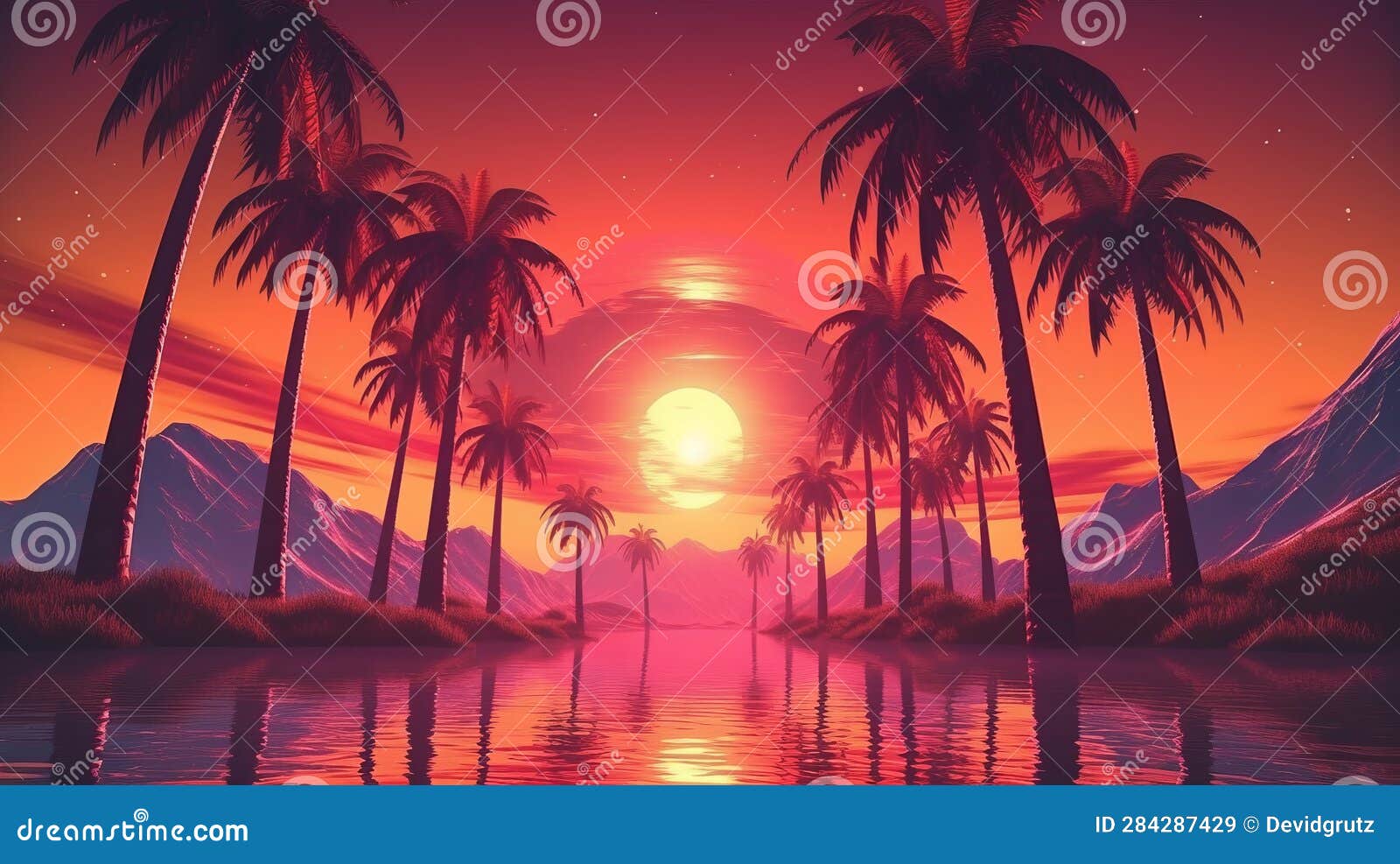 Synthase Sunset Landscape with Palm Trees 80s Retro. Generative AI ...