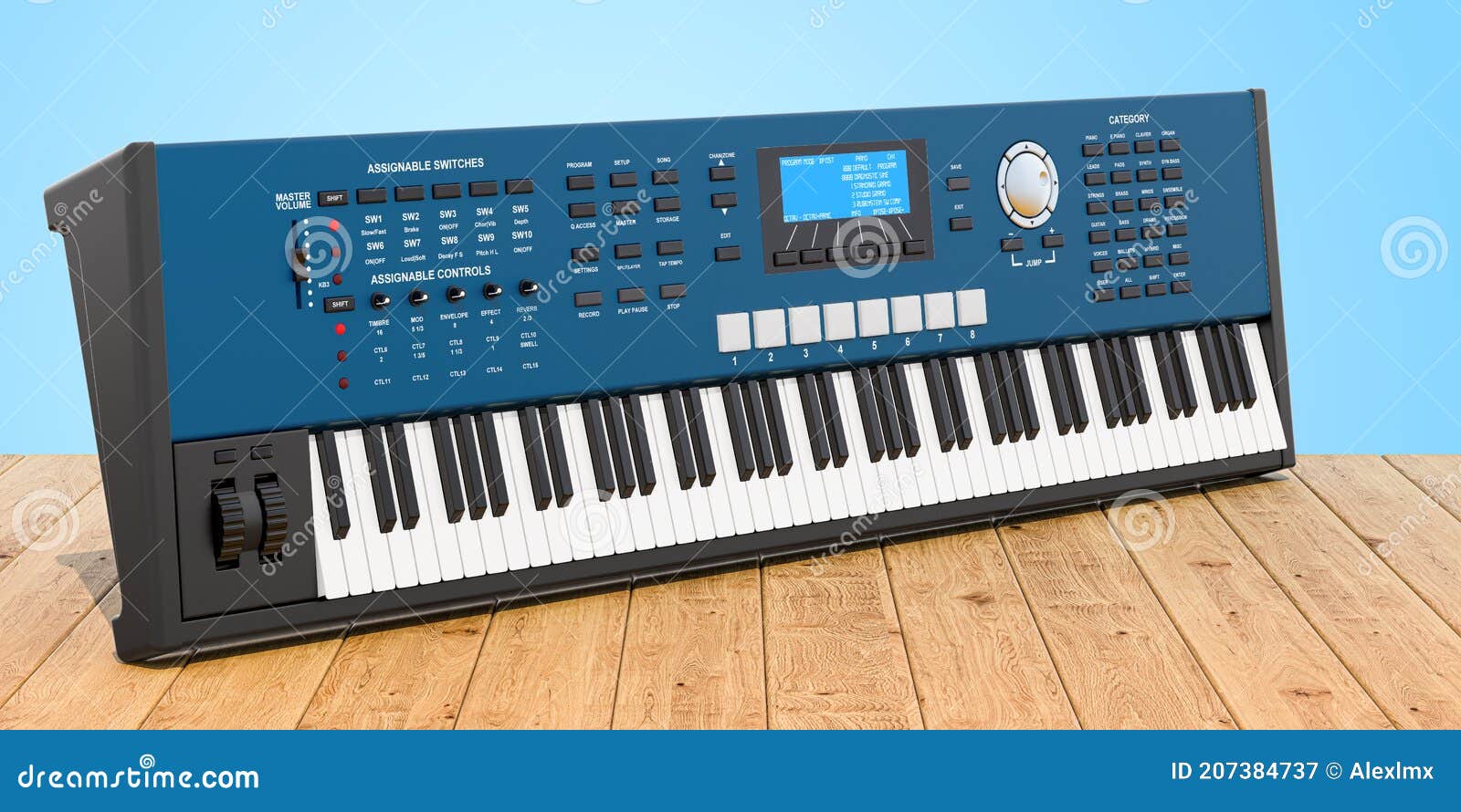 Synthesizer, Digital Piano on the Wooden Planks, 3D Rendering Stock ...