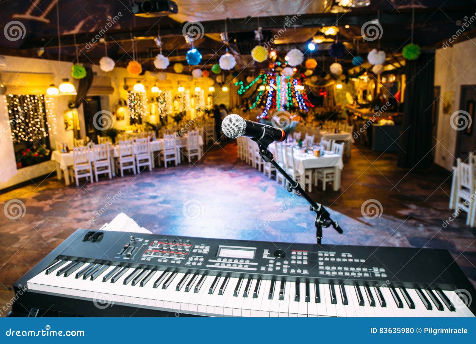 Synthesizer and Microphone on Stage Stock Photo - Image of party, show ...