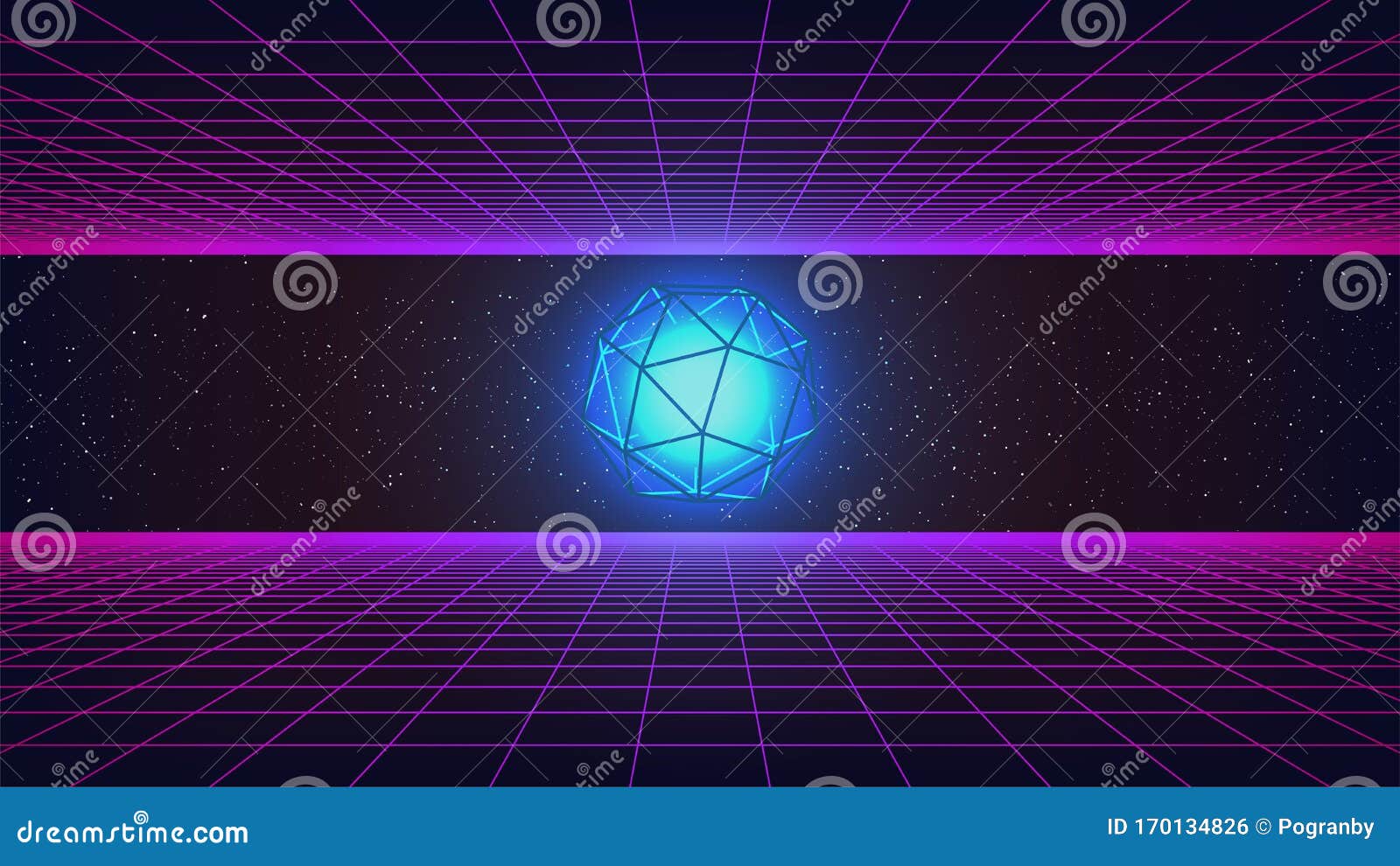 -Synthwave Abstract Backround. Wireframe Polyhedron with Blue Inside ...