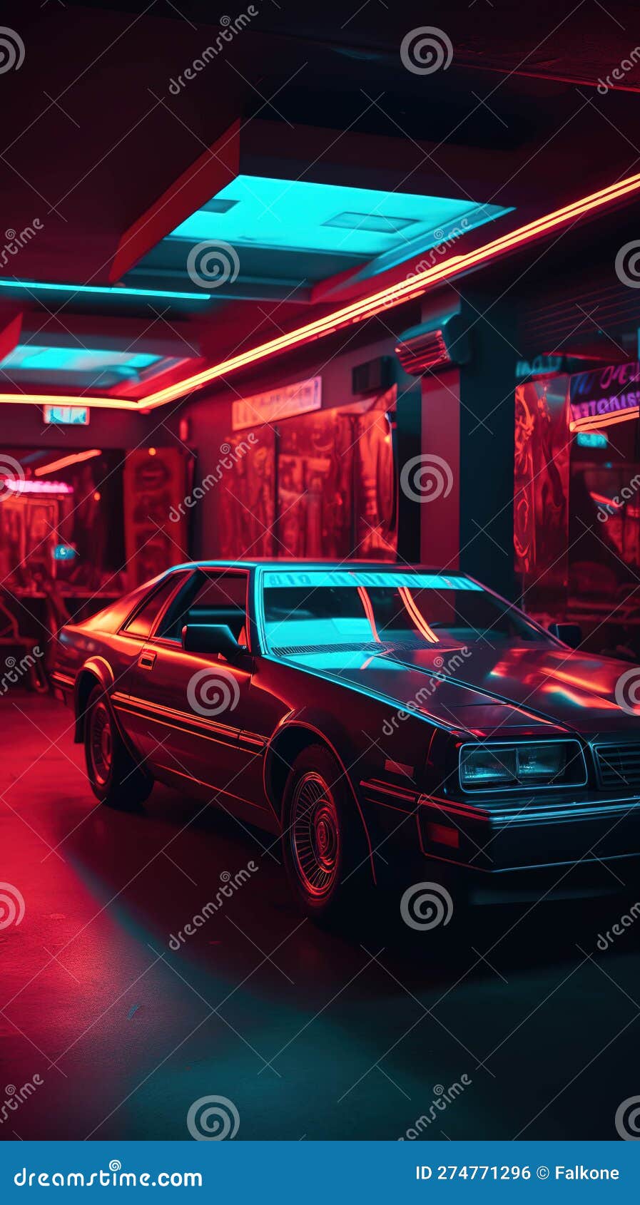 Synthwave Car in the Neon Futuristic City. 9:16 Stock Illustration ...