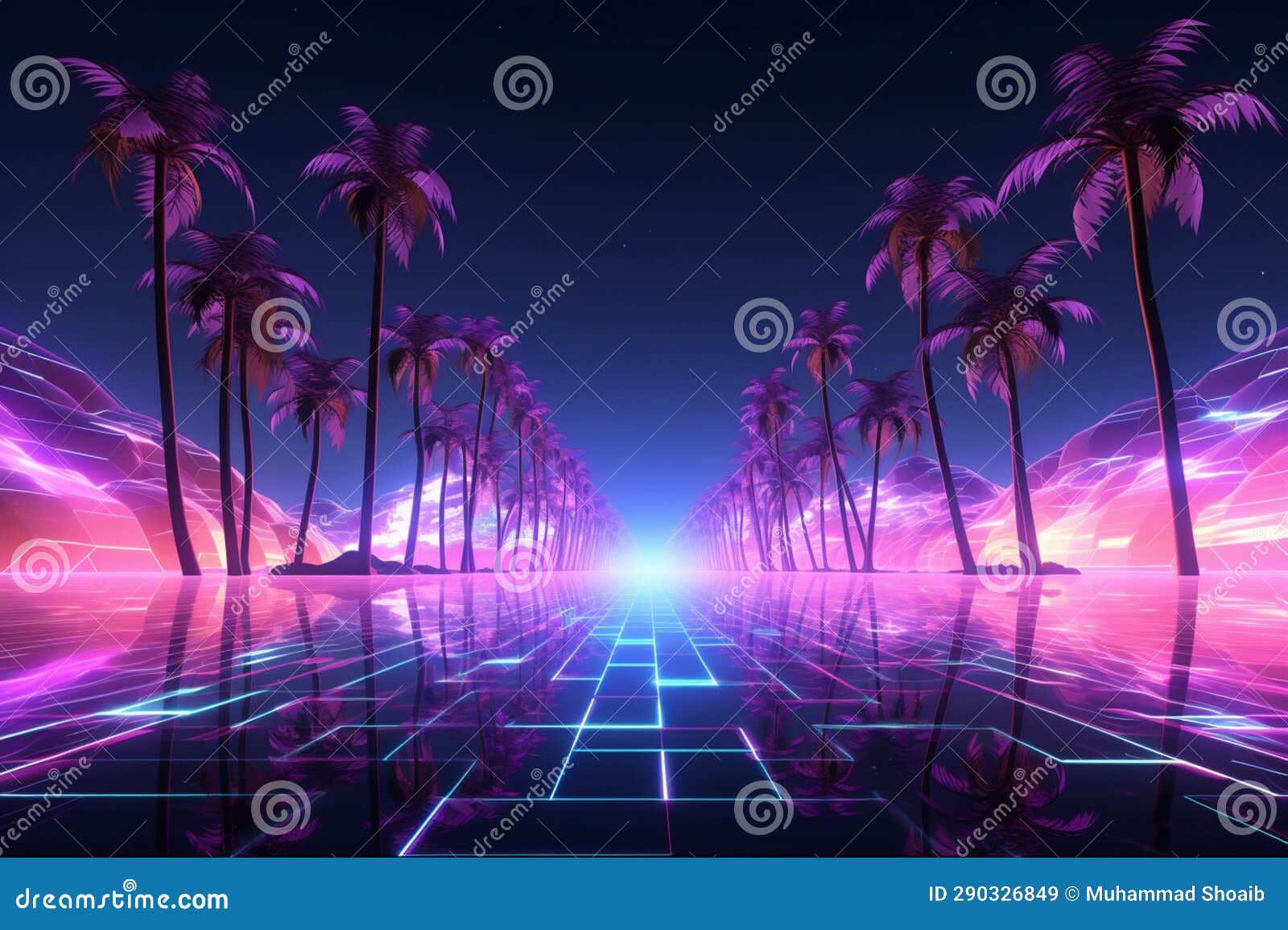 Synthwave Dreamscape Wireframe Net, Palm Trees, and Retrowave Road, 3D ...