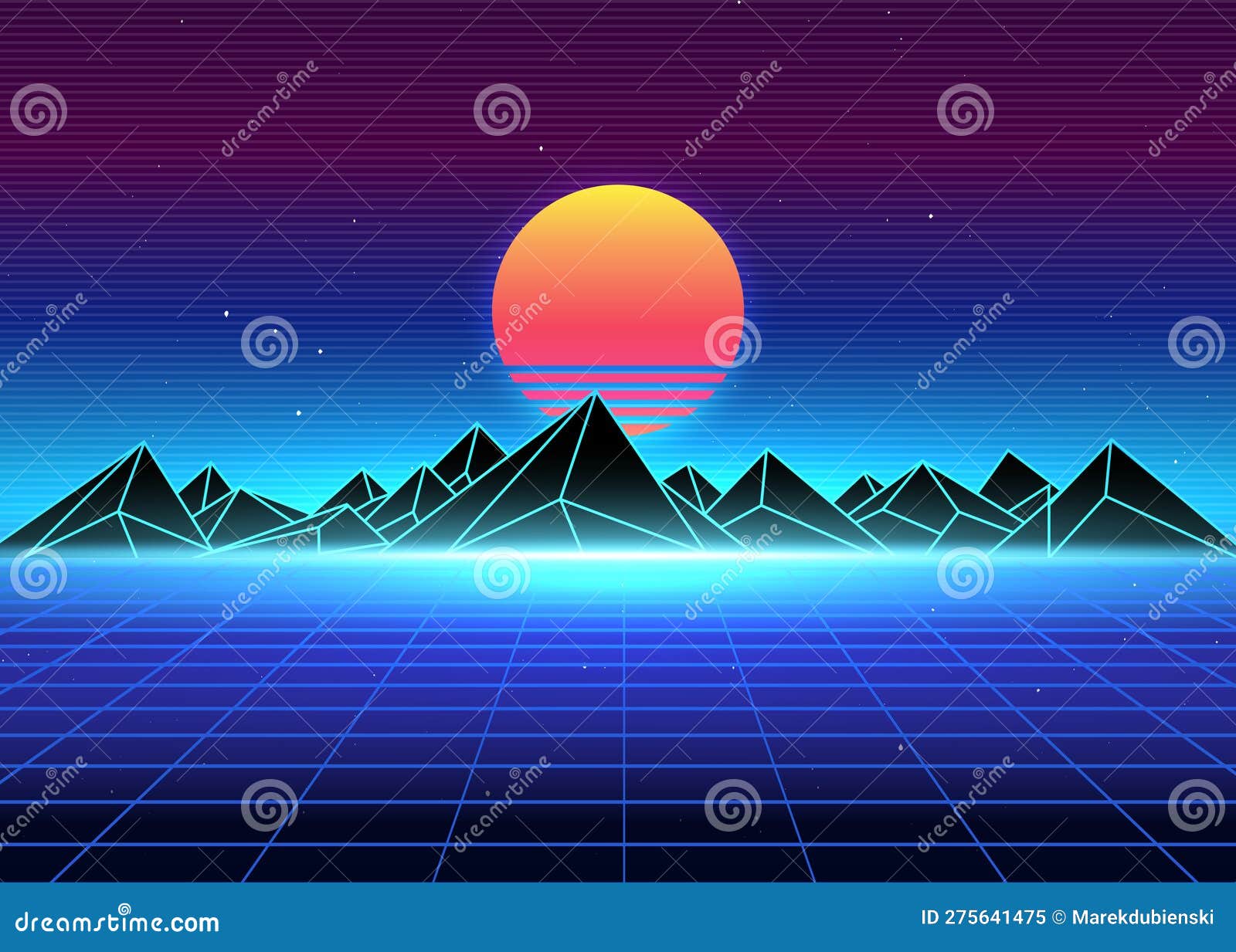 Retro Landscape Skyline with Neon ,ray of Light, Grid, Sunset and ...