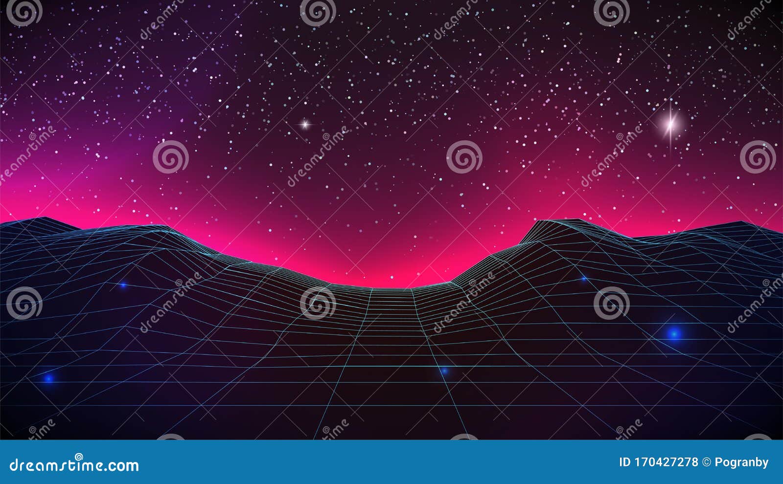 Synthwave Horizon Background. Virtual 3d Landscape with Glow ...