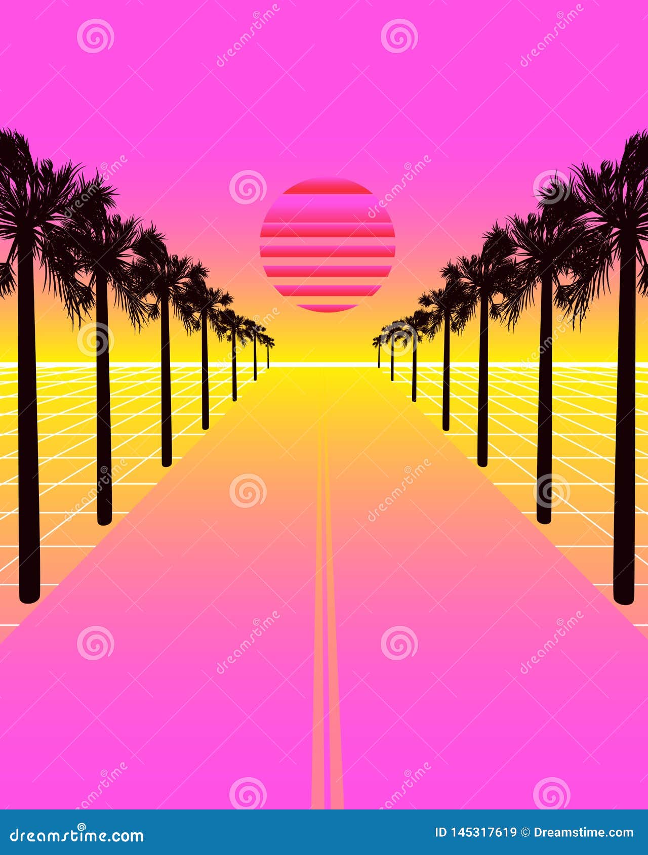 Synthwave Illustration with Dream Road, Grid and Palms. Stock Vector ...