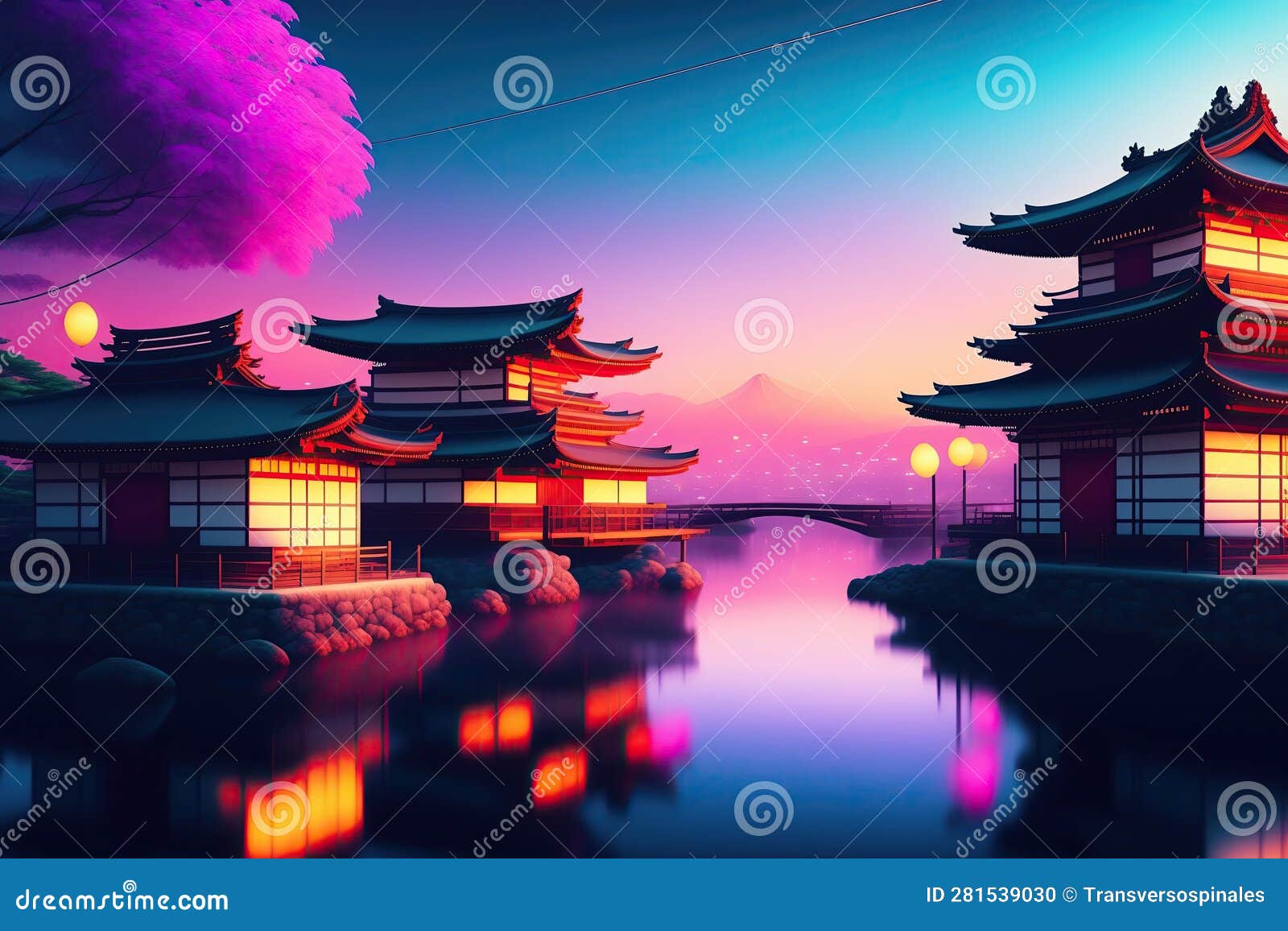 Synthwave Japanese Design Building Background Stock Illustration ...