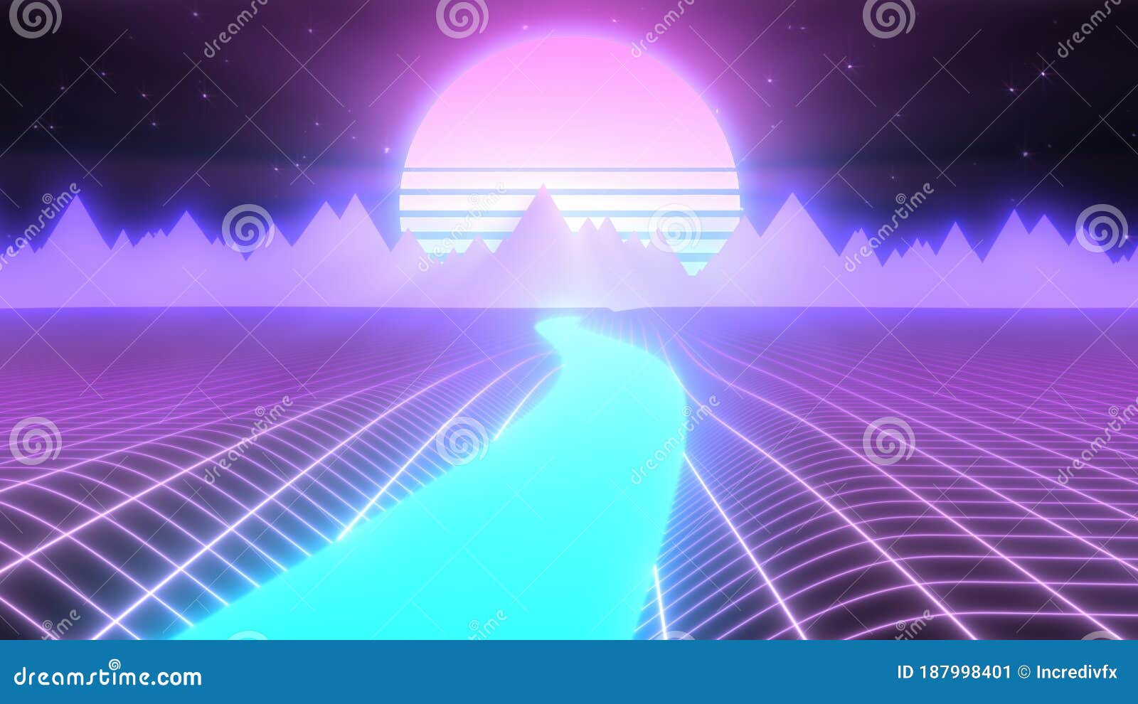 Synthwave Landscape of Glowing River Mountains and Retro 80s Sun ...