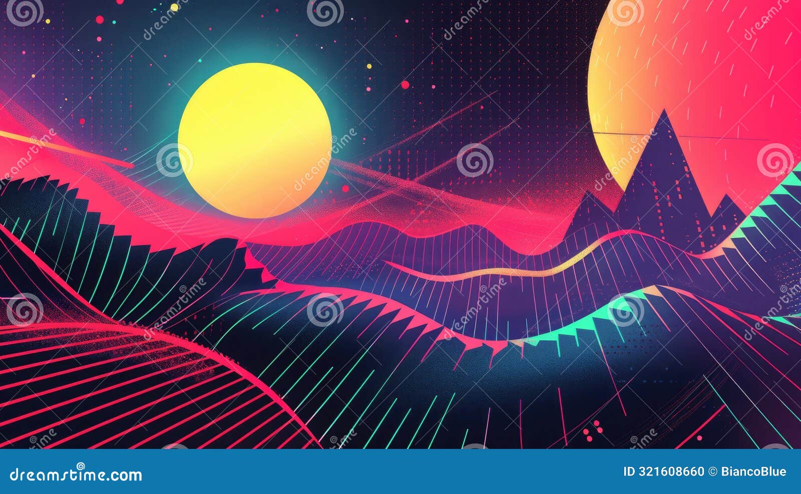 Synthwave Landscape with a Large Moon and Mountains in the Background ...