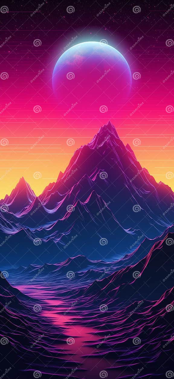 Synthwave Mountains Sunset Scene Wallpaper Generative AI Stock ...