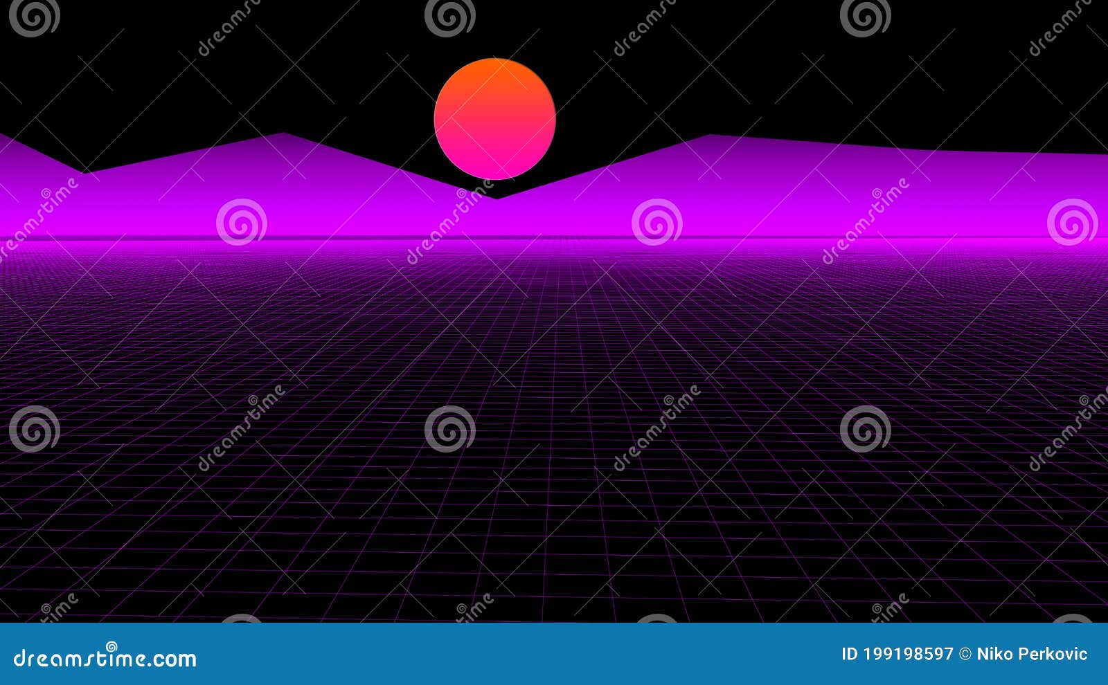 Synthwave Perspective Sunset 3D Rendering Stock Illustration ...