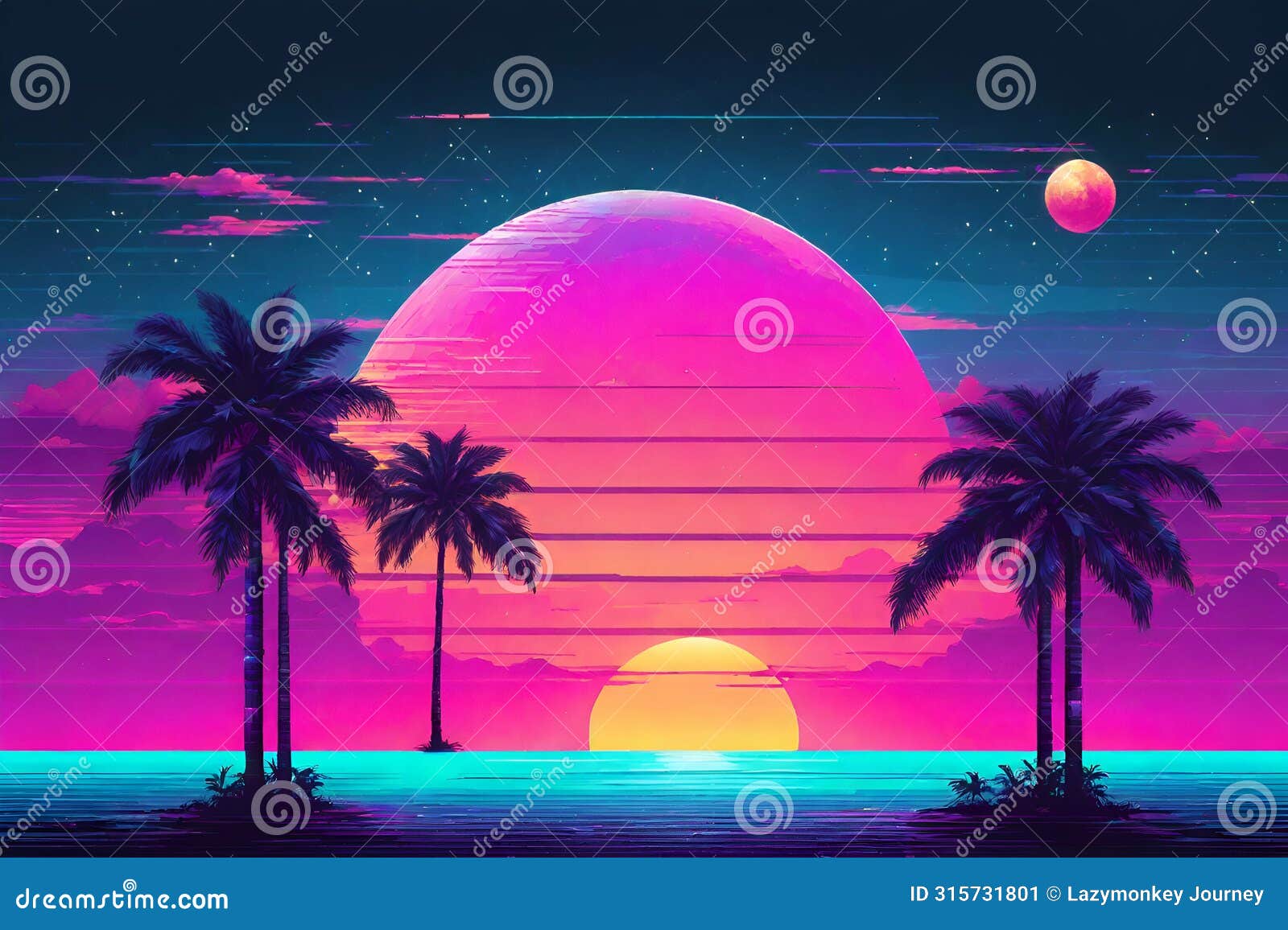 Synthwave Retro 8 Bit Pixel Art Landscape with Palms and Moon in Neon ...