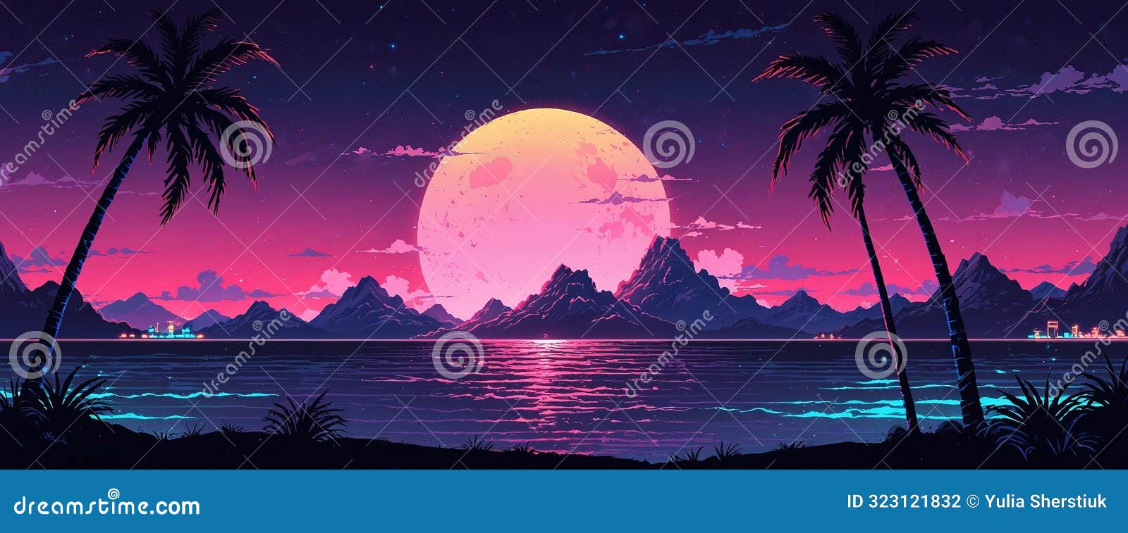 Synthwave Retro 8 Bit Pixel Art Landscape With Palms And Moon In Neon ...