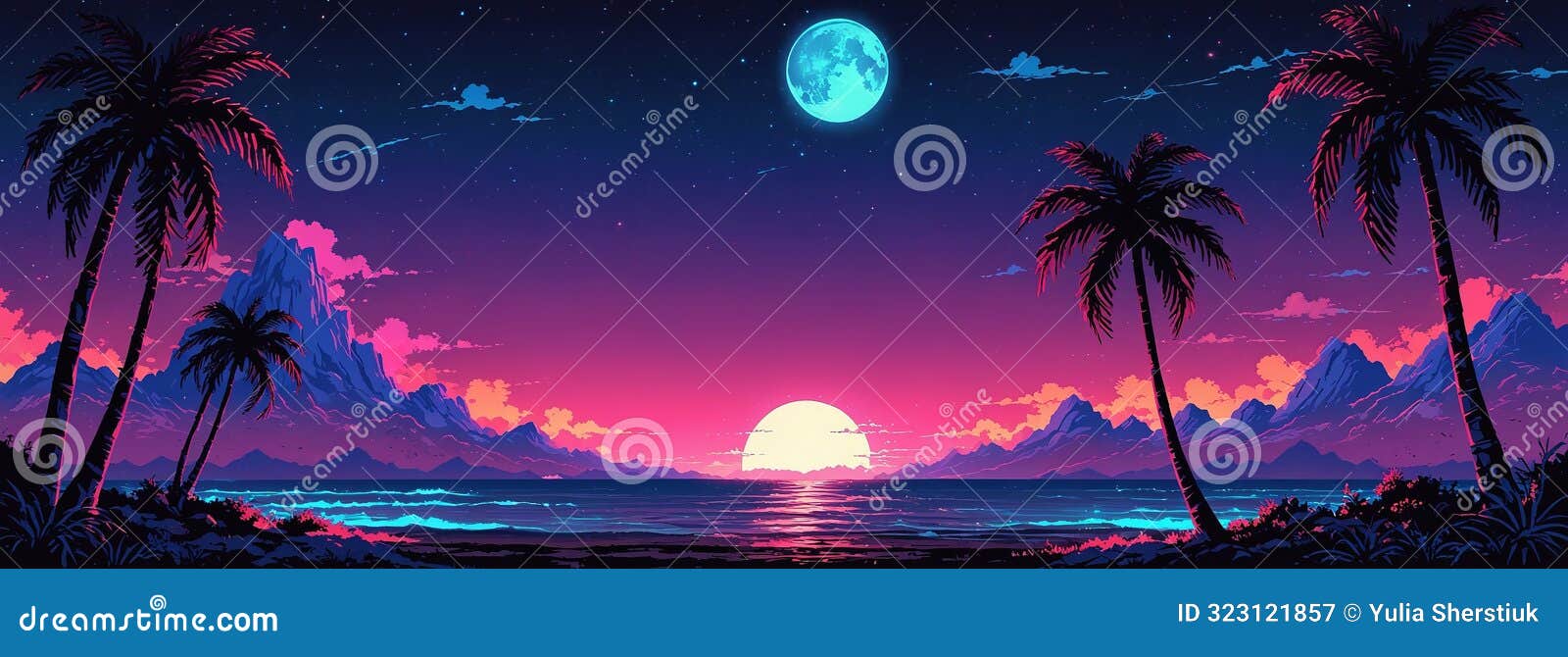 Synthwave Retro 8 Bit Pixel Art Landscape With Palms And Moon In Neon ...