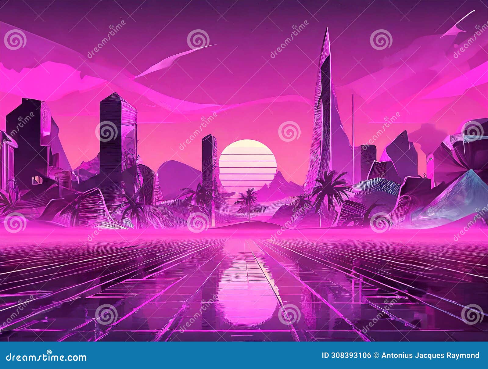 Synthwave Retro Cyberpunk Style City Landscape Background Stock ...