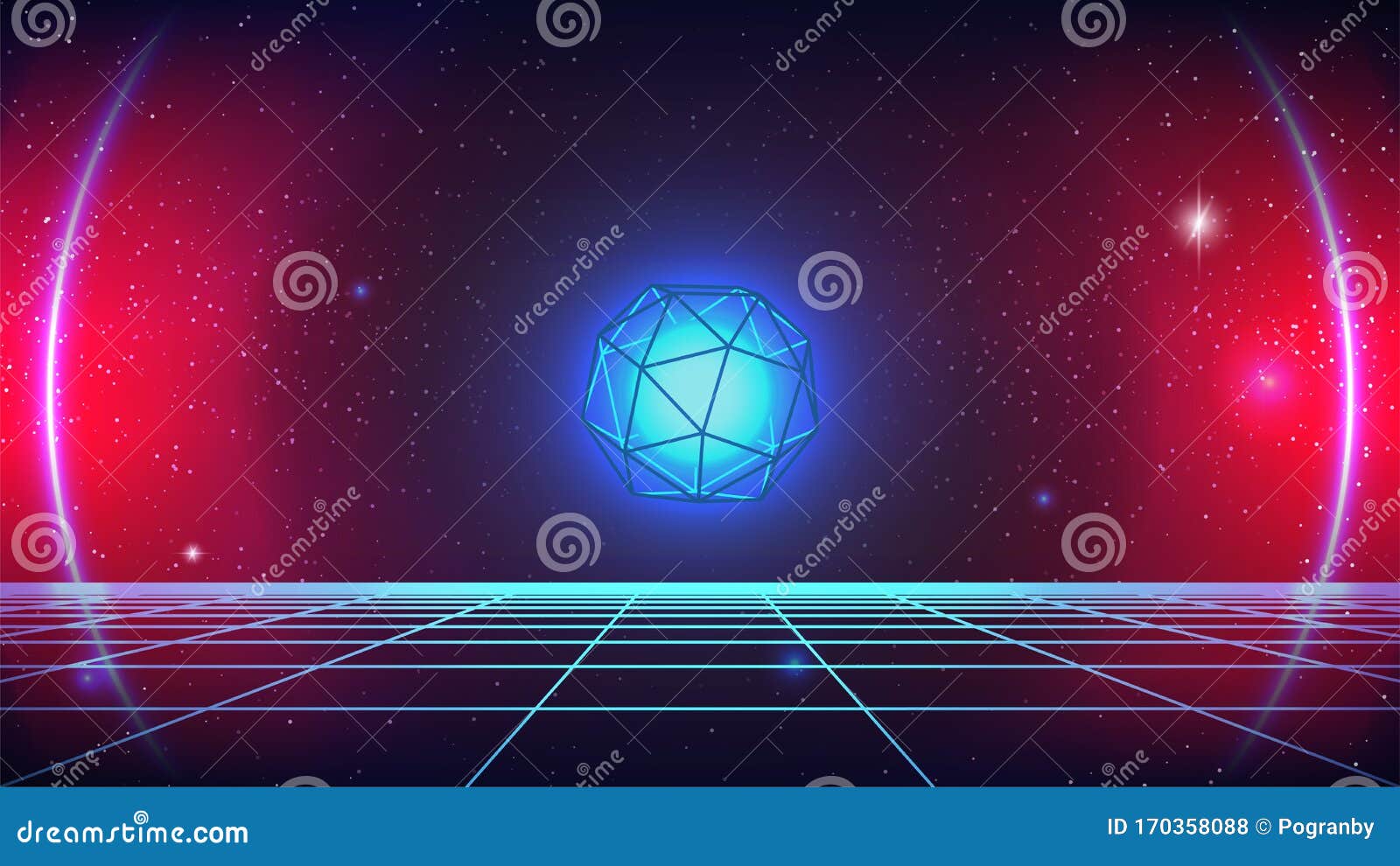 Synthwave Retro Future Grid Background with Pink Round Neon Glowing ...