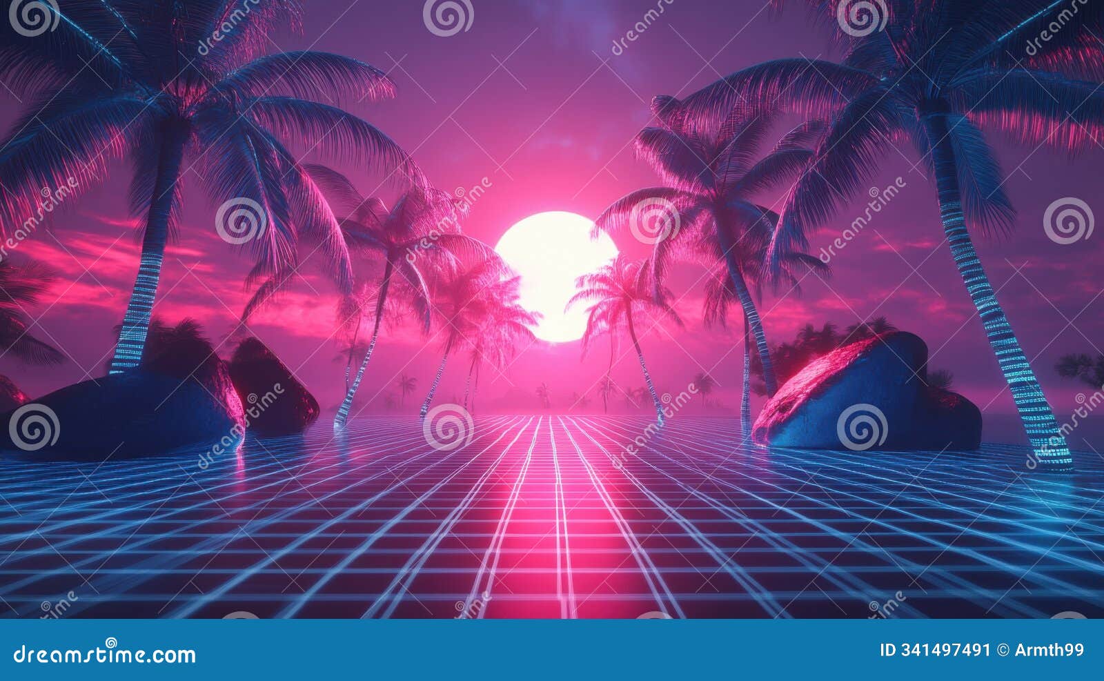 Synthwave Retro Sunset Landscape with Palm Trees and Grid Stock ...