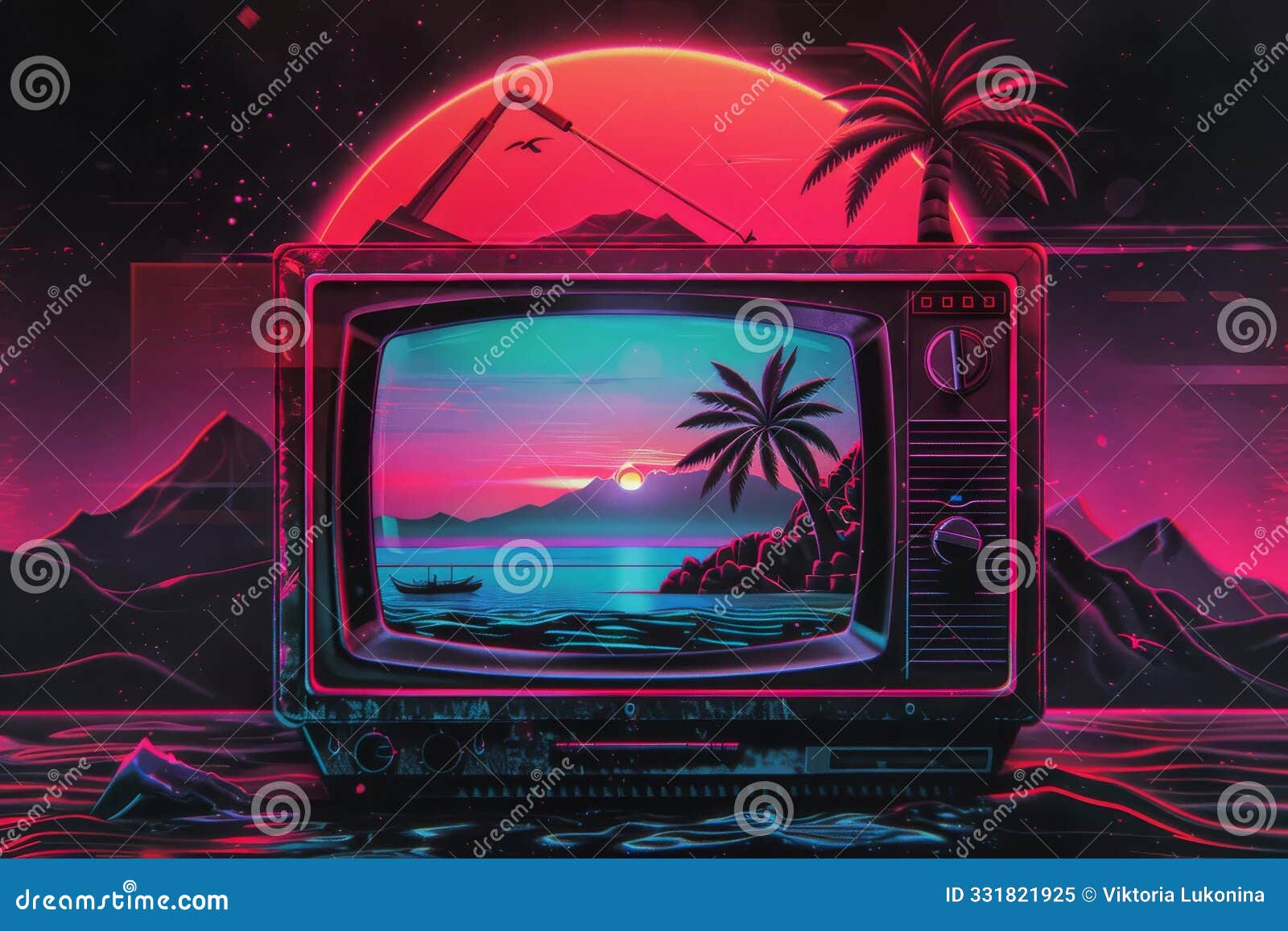 Synthwave Retro TV with Tropical Sunset Illustration Stock Image ...