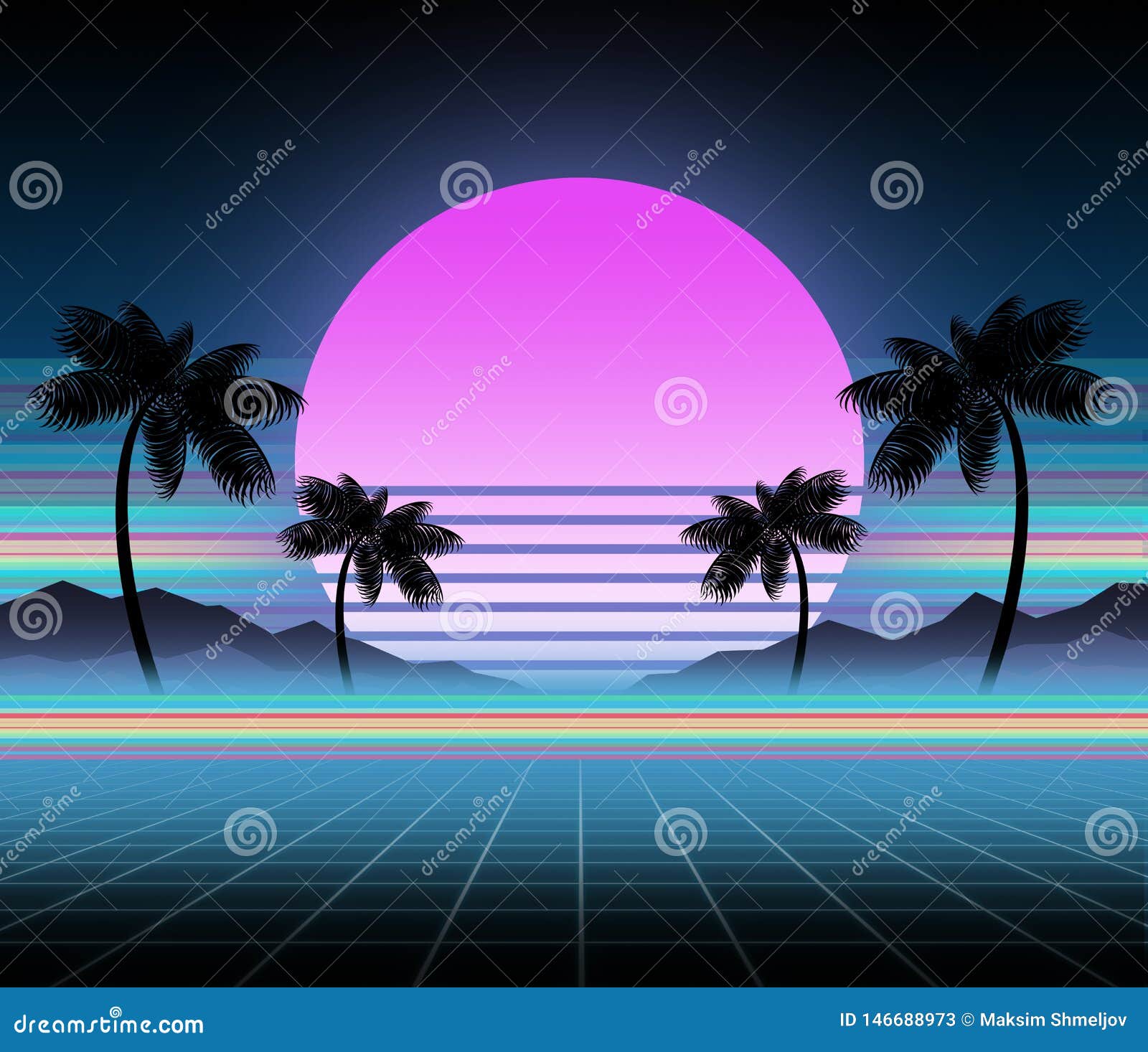 Synthwave And Retrowave Background Template. Palms, Sun And Space In ...