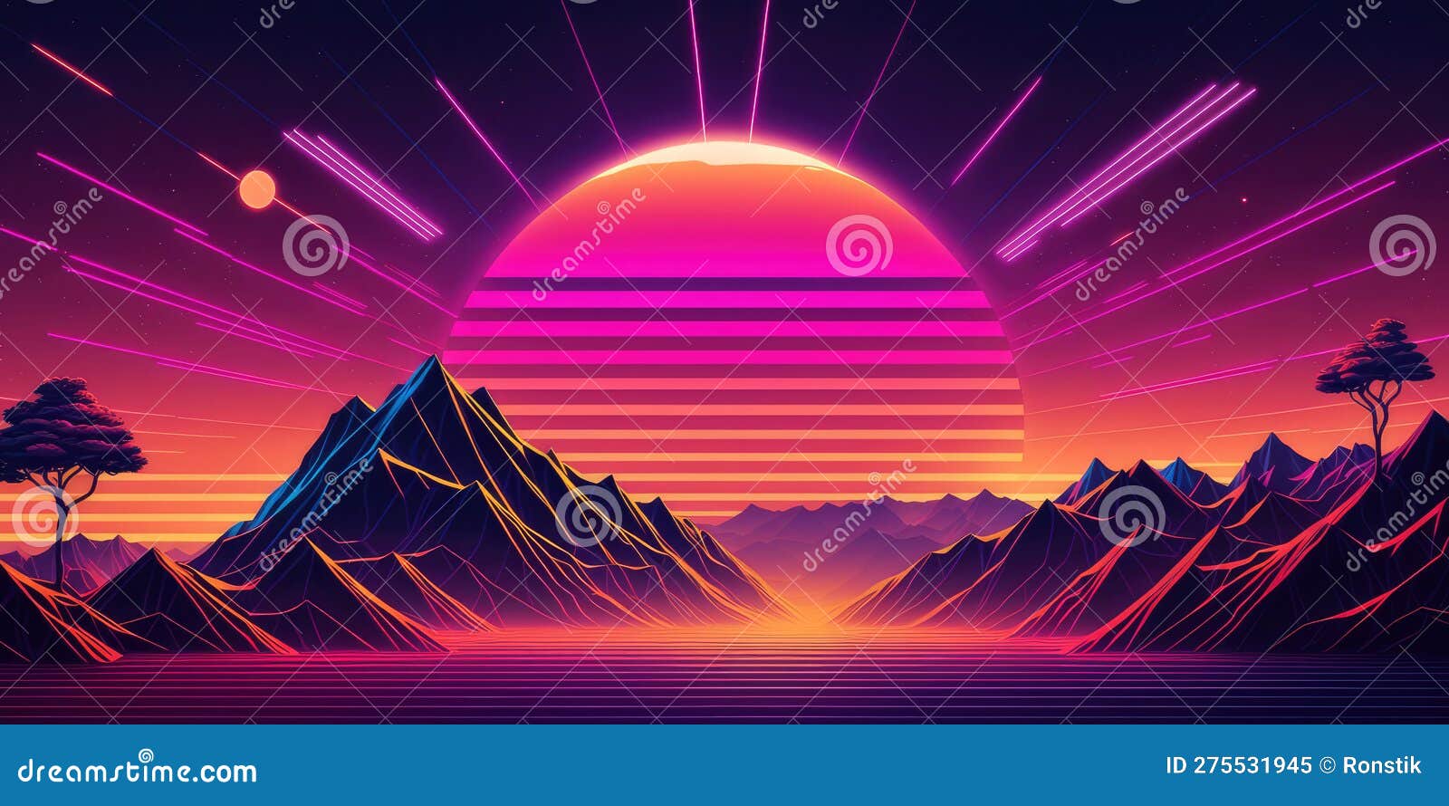 Synthwave Retrowave Landscape with Mountains and Sunset Stock ...