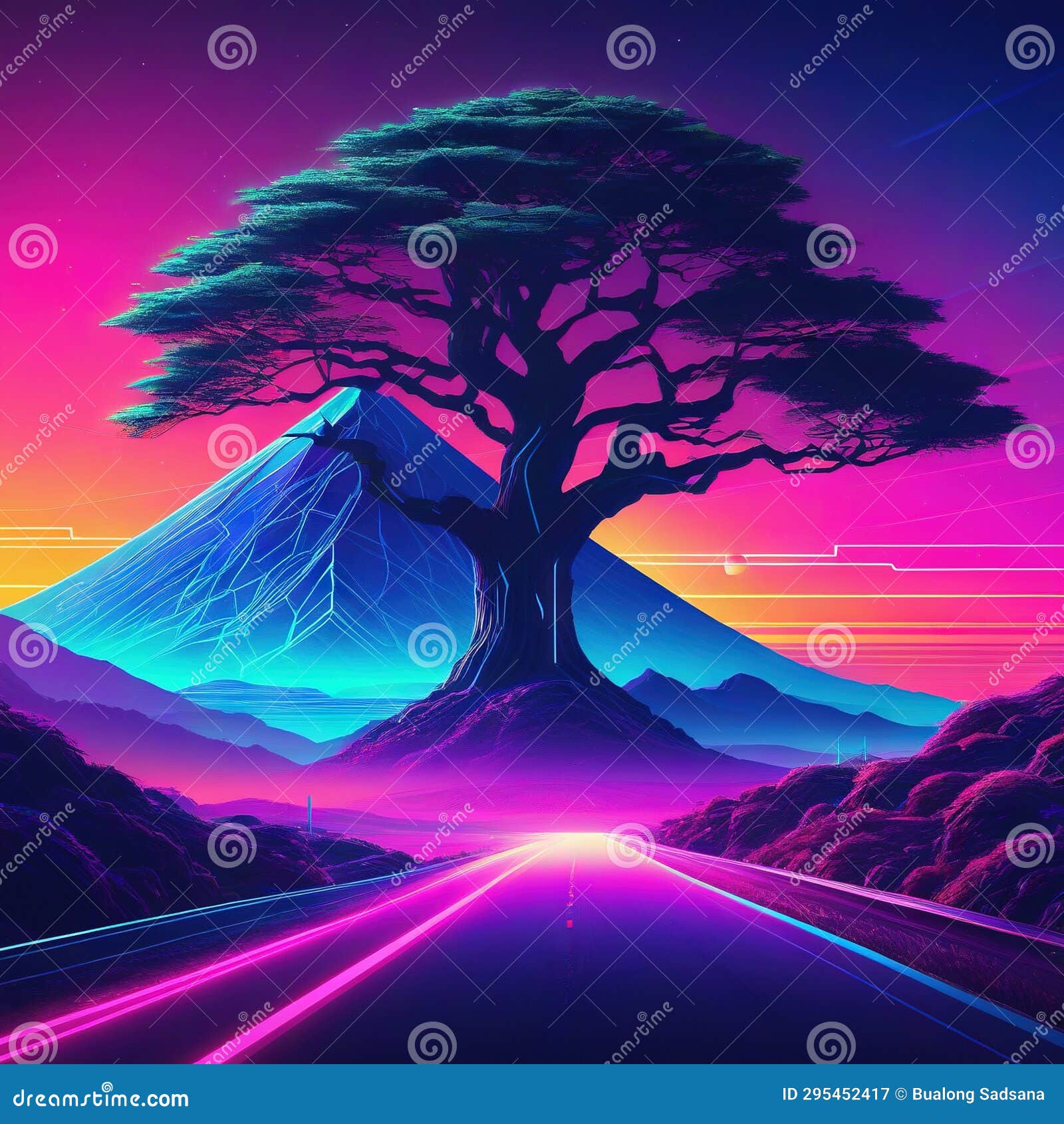 Synthwave Style Landscape with and Stock Illustration - Illustration of ...
