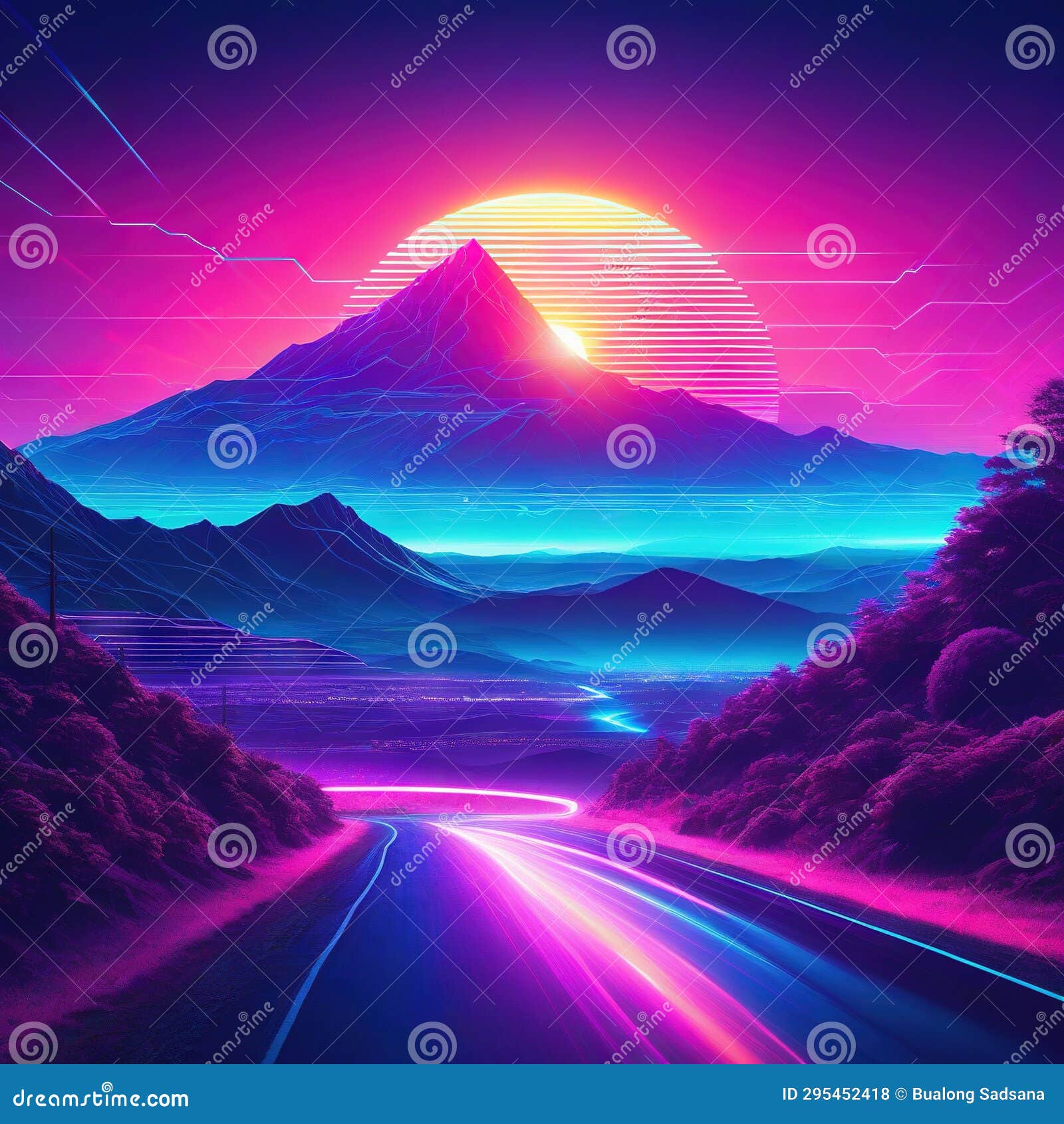 Synthwave Style Landscape with and Stock Illustration - Illustration of ...