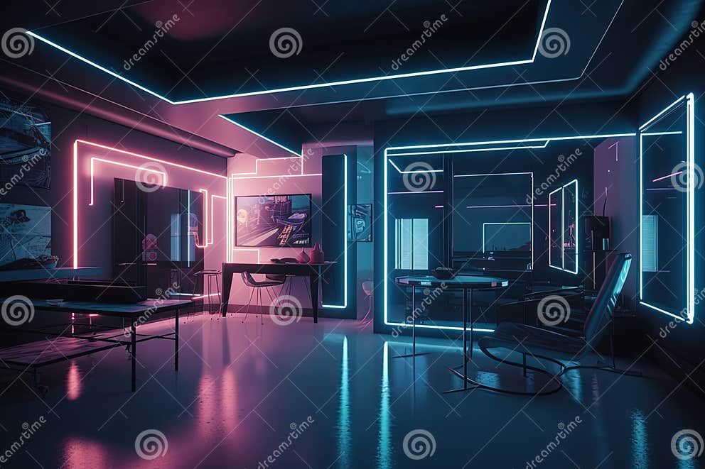 Synthwave Style Neon Room. Retro Interior in 80s Style with Neon Lights ...