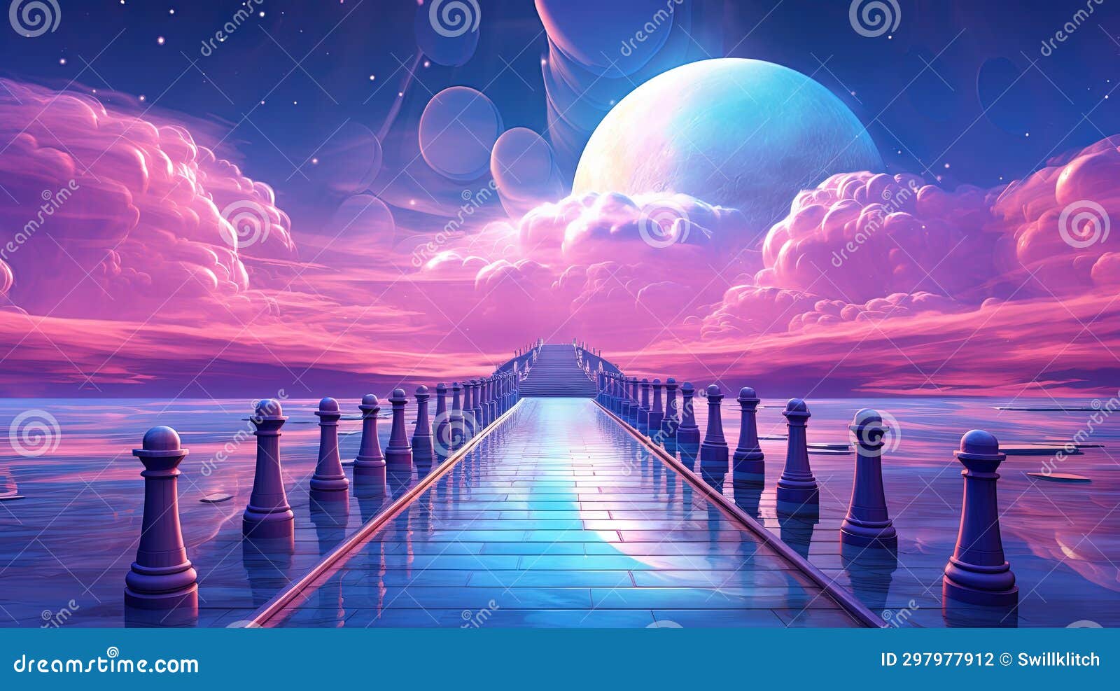 Synthwave Styled Pier, a Bridge To the Horizon in Purple and Blue ...