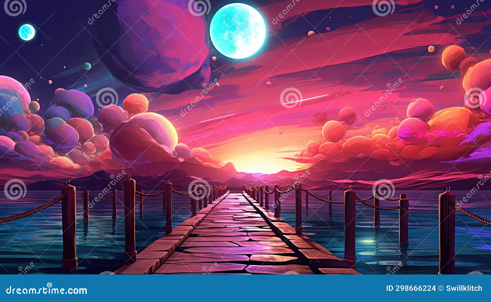 Synthwave Styled Pier, a Bridge To the Horizon in Purple and Blue ...