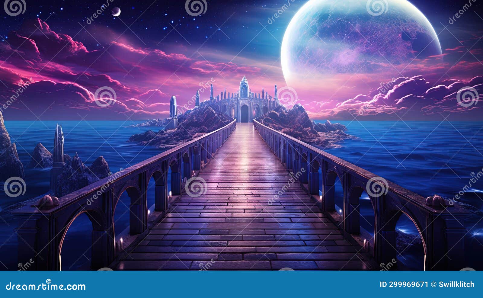 Synthwave Styled Pier, a Bridge To the Horizon in Purple and Blue ...