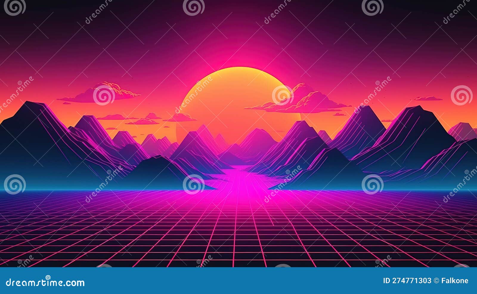 Synthwave Sunset Background 80s. Low Poly Landscape, Neon Lights. Stock ...