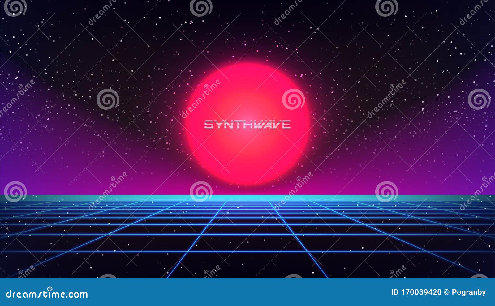 Synthwave Sunset Background. 80s Sun, Perspective Grid, Starry Sky ...