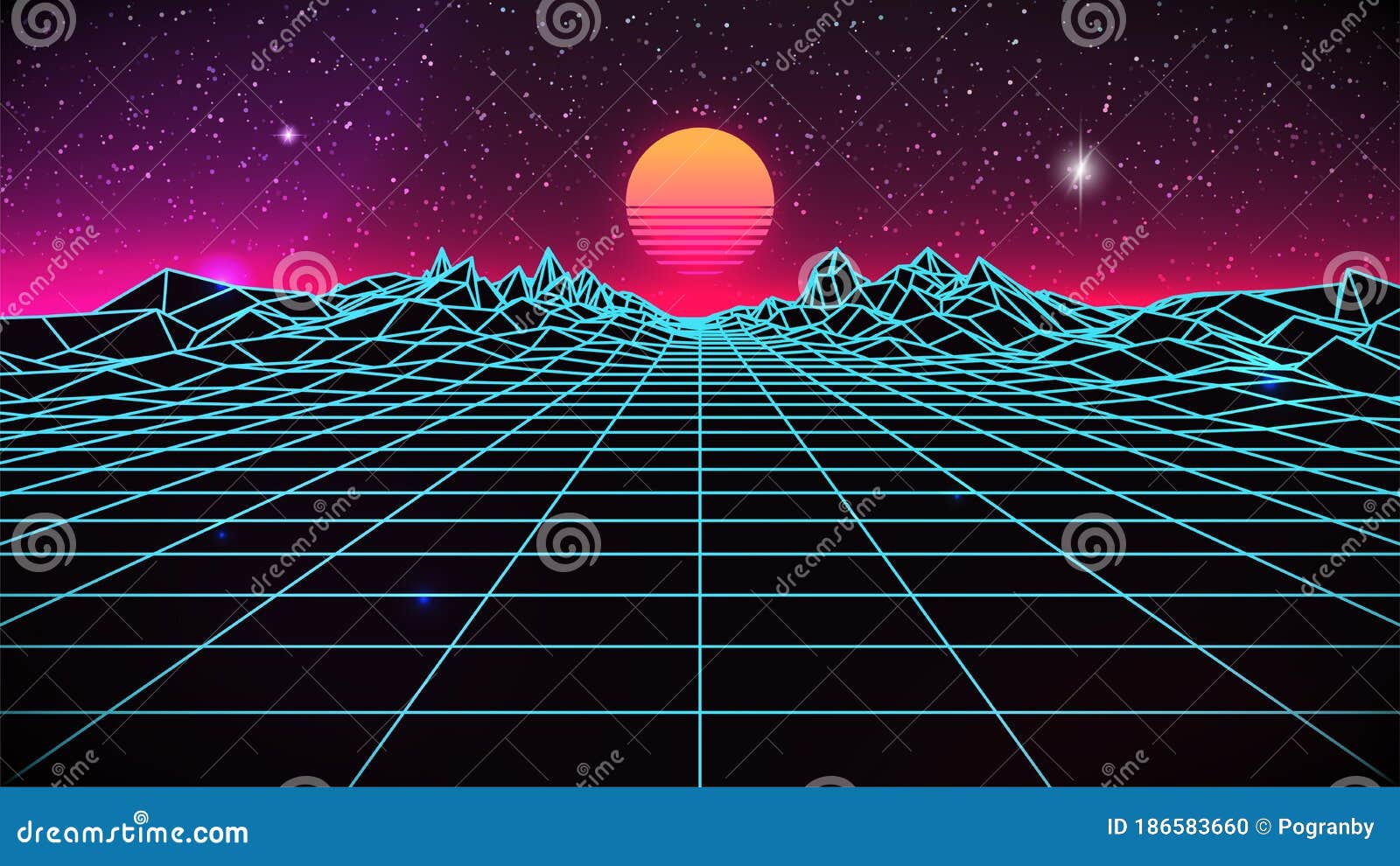 Synthwave Sunset Background. Blue Perspective Grid With Distorted Retro ... Synthwave Sunset Background. Blue Perspective Grid With Distorted Retro ...