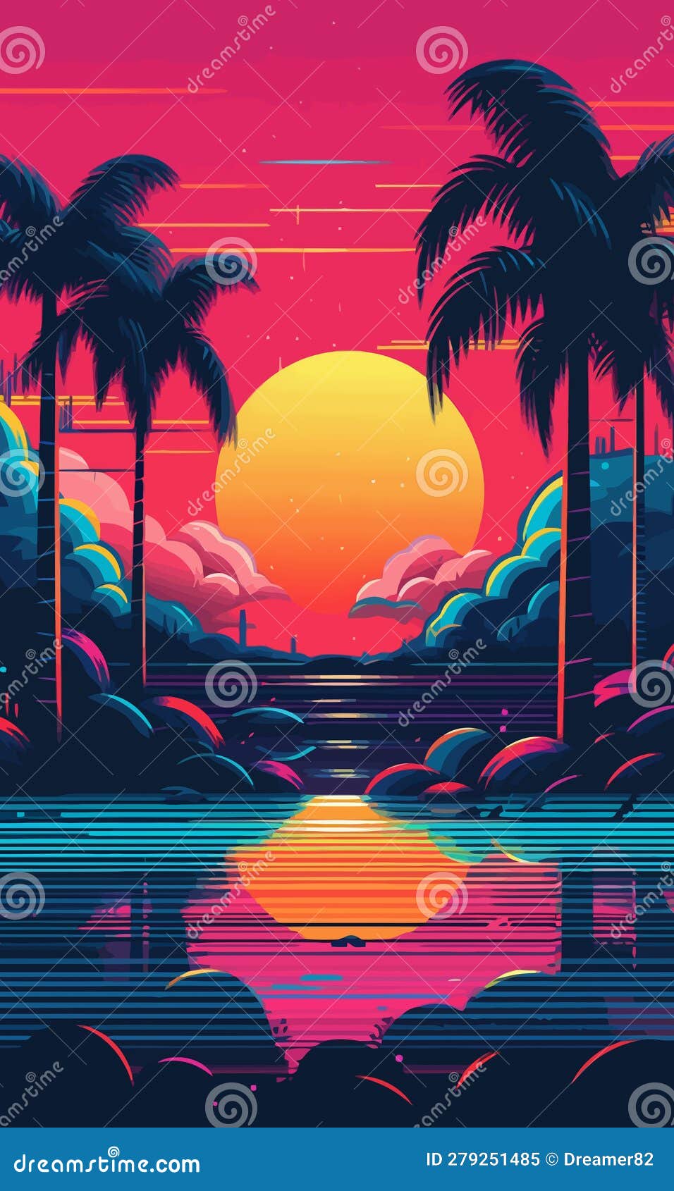 Synthwave Sunset, Landscape with Palm Trees, Retro Wave Illustration ...