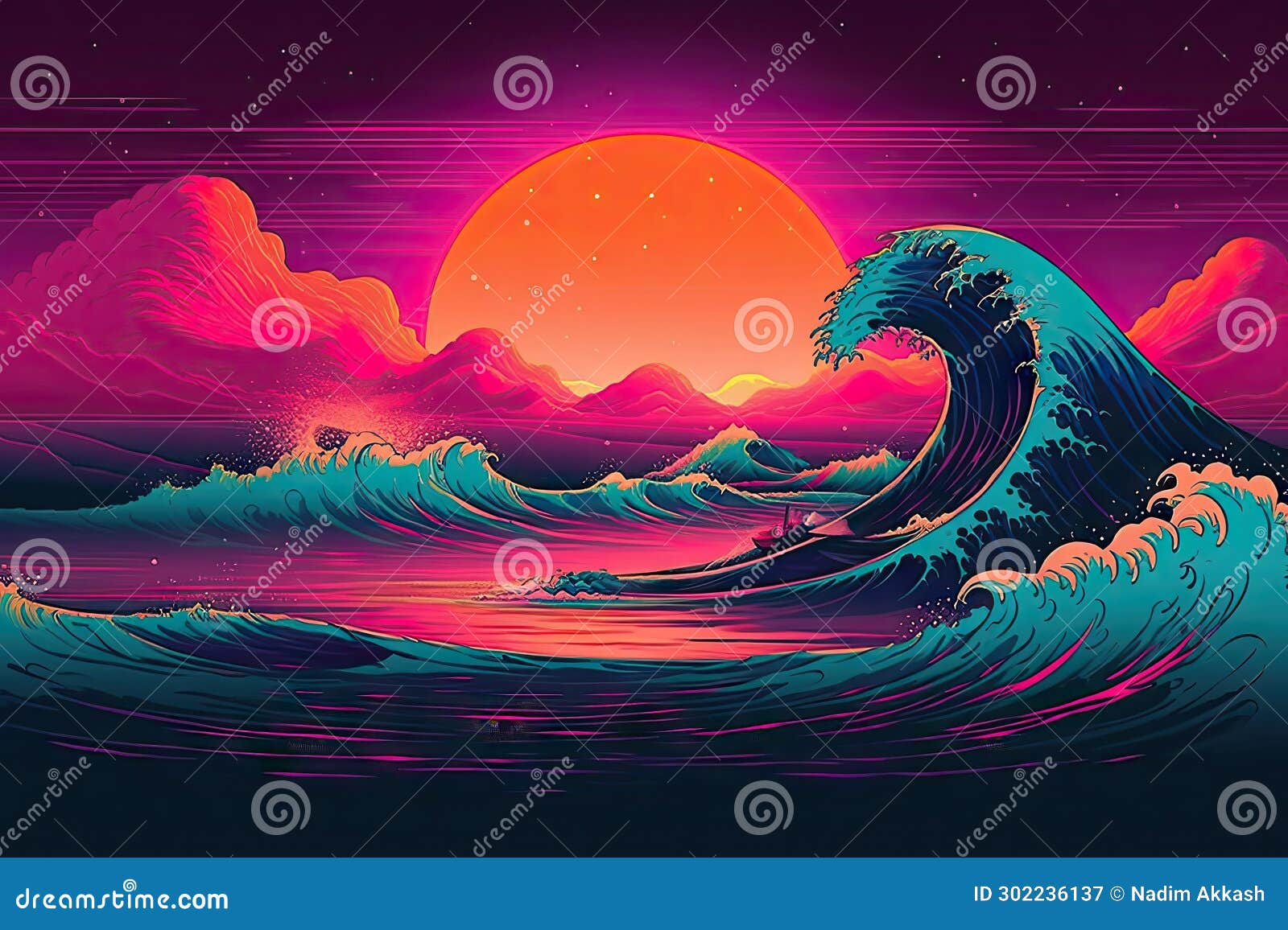 Synthwave Sunset, Landscape, 80 S Retro Synthwave Color Design Ocean ...