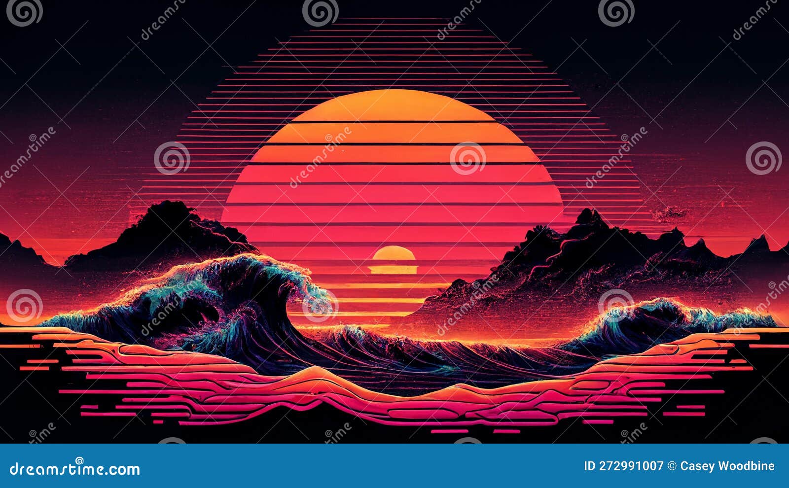 Synthwave Sunset Background 80s. Low Poly Landscape, Neon Lights. Stock ...